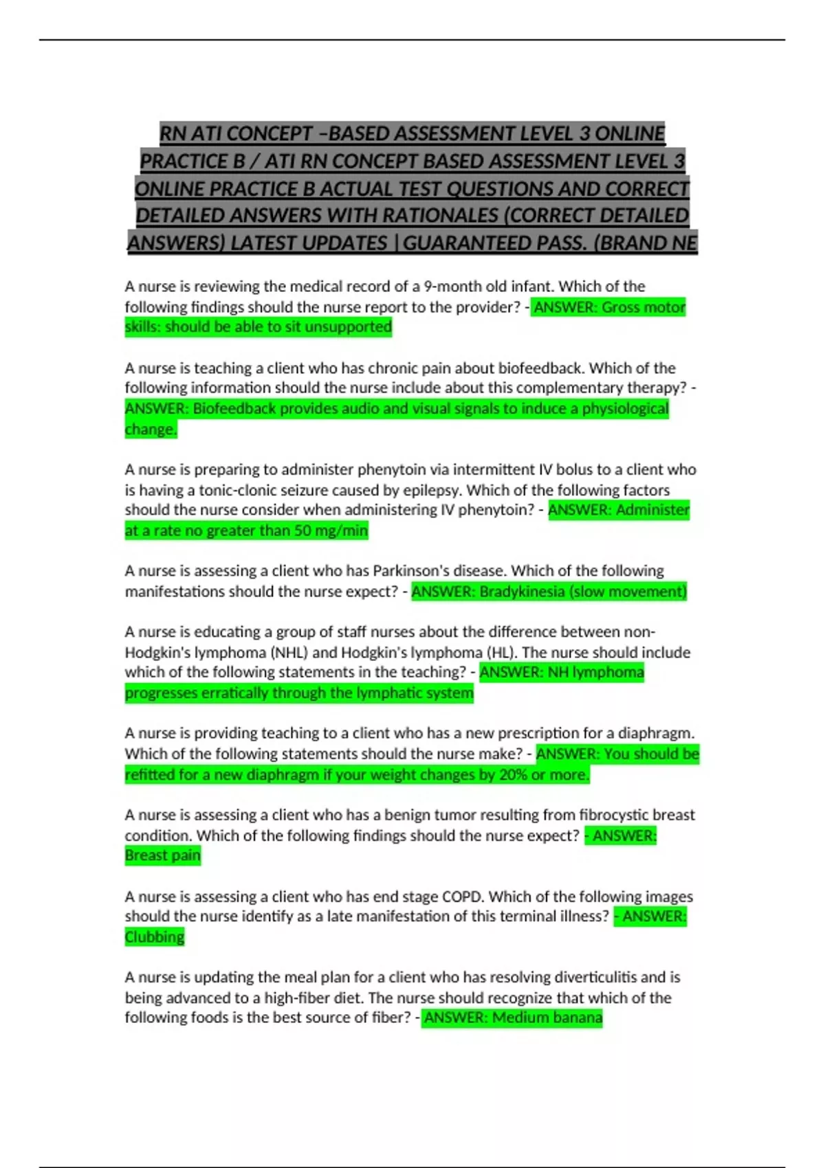 RN ATI CONCEPT –BASED ASSESSMENT LEVEL 3 ONLINE PRACTICE B / ATI RN ...