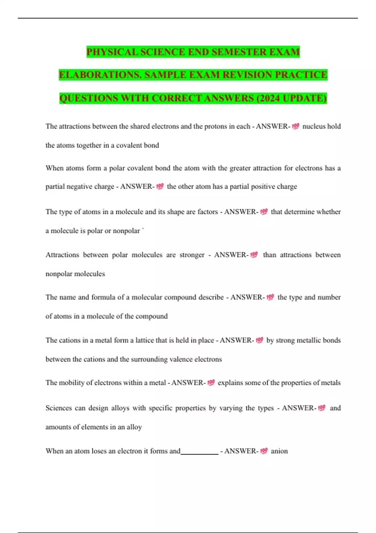 PHYSICAL SCIENCE END SEMESTER EXAM ELABORATIONS. SAMPLE EXAM REVISION ...