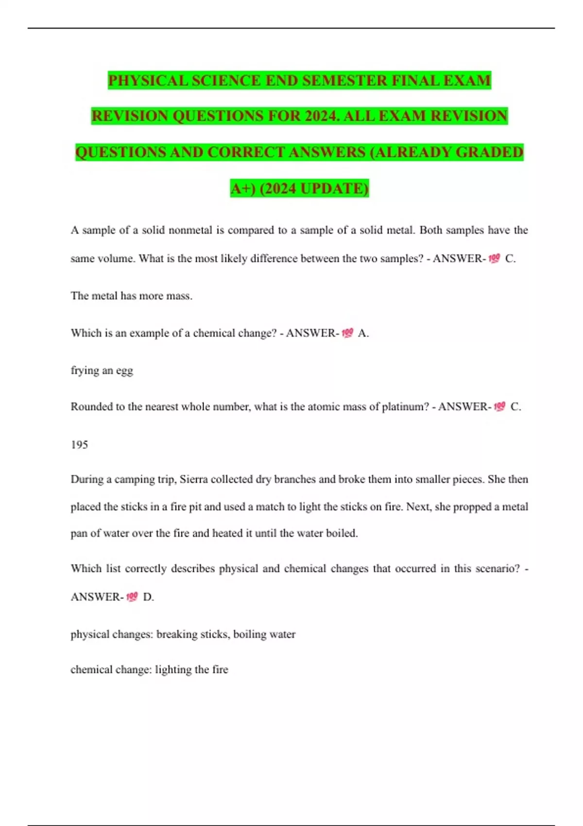 PHYSICAL SCIENCE END SEMESTER FINAL EXAM REVISION QUESTIONS FOR 2024 ...