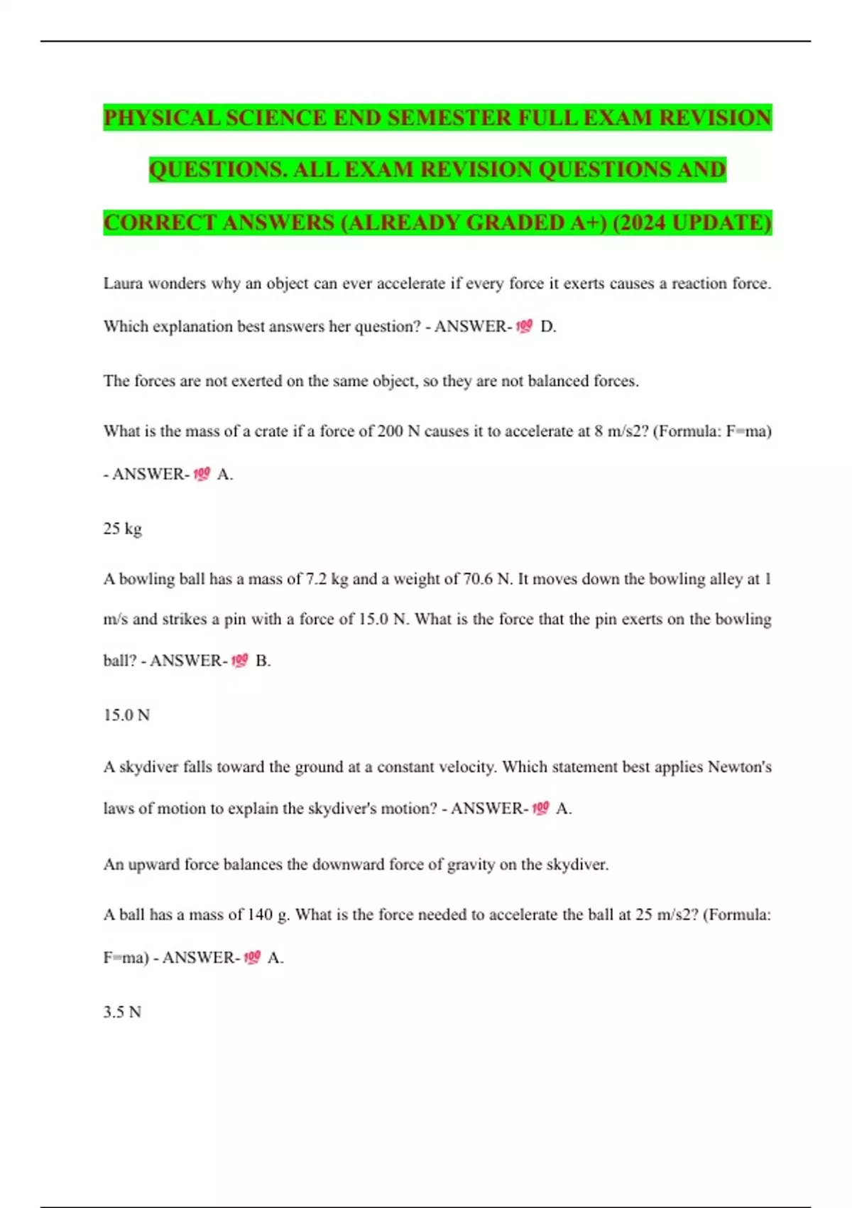 PHYSICAL SCIENCE END SEMESTER FULL EXAM REVISION QUESTIONS. ALL EXAM ...