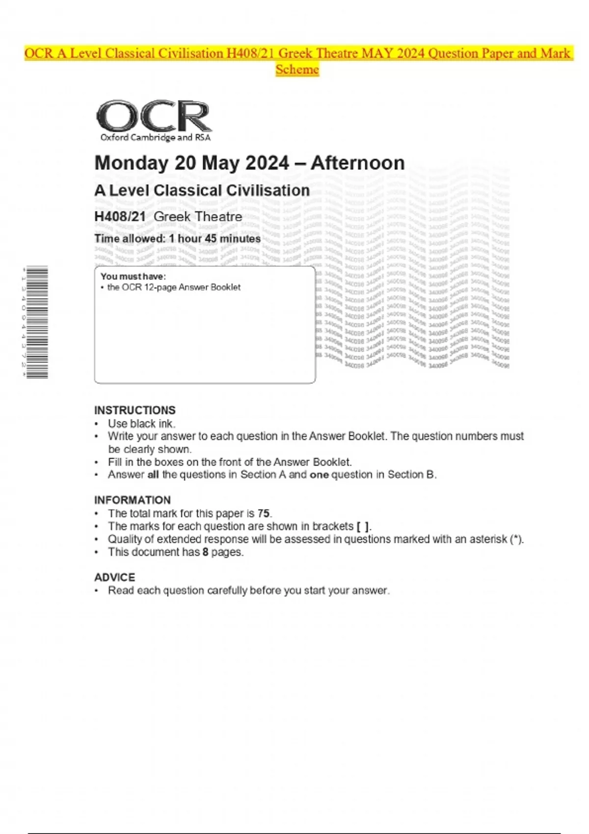 Pearson Edexcel Level 1/Level 2 GCSE (9–1) Greek PAPER 3: Reading and ...