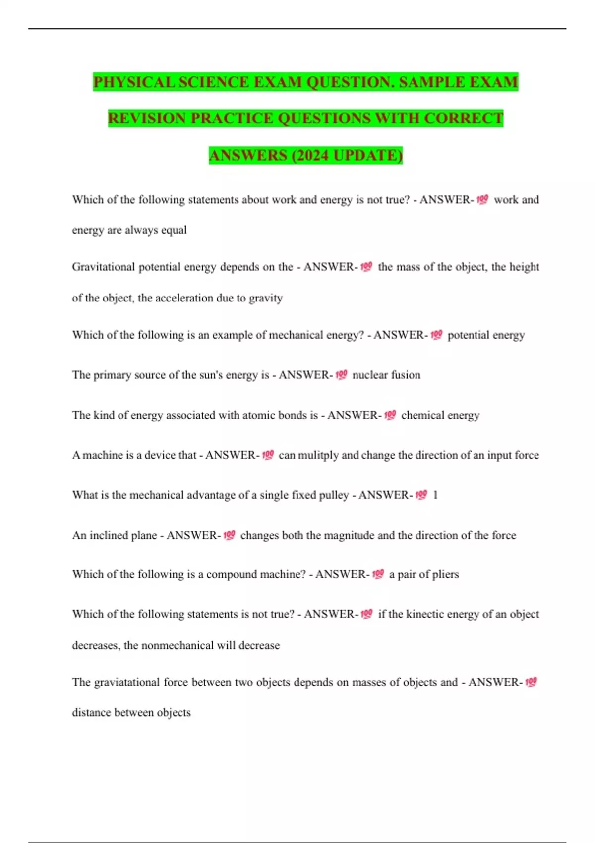 PHYSICAL SCIENCE EXAM QUESTION. SAMPLE EXAM REVISION PRACTICE QUESTIONS ...