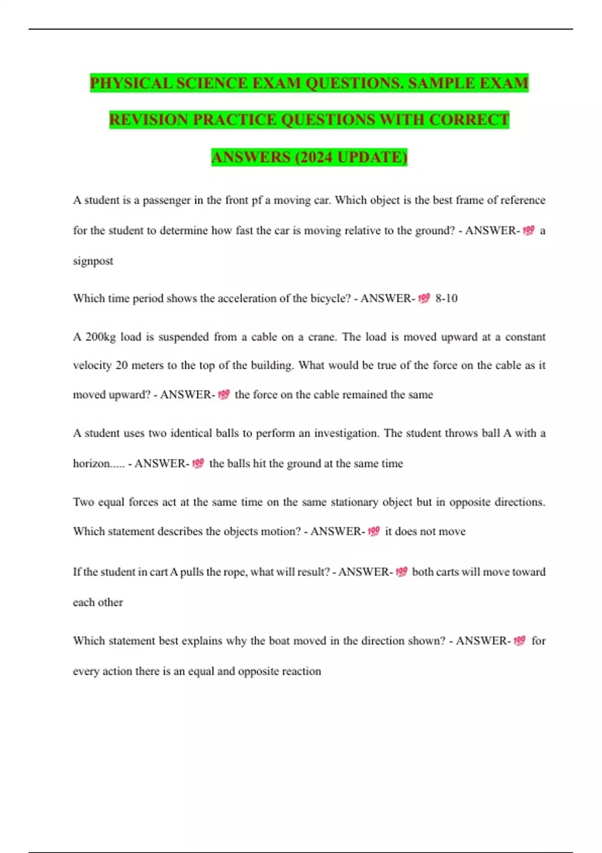 PHYSICAL SCIENCE EXAM QUESTIONS. SAMPLE EXAM REVISION PRACTICE ...