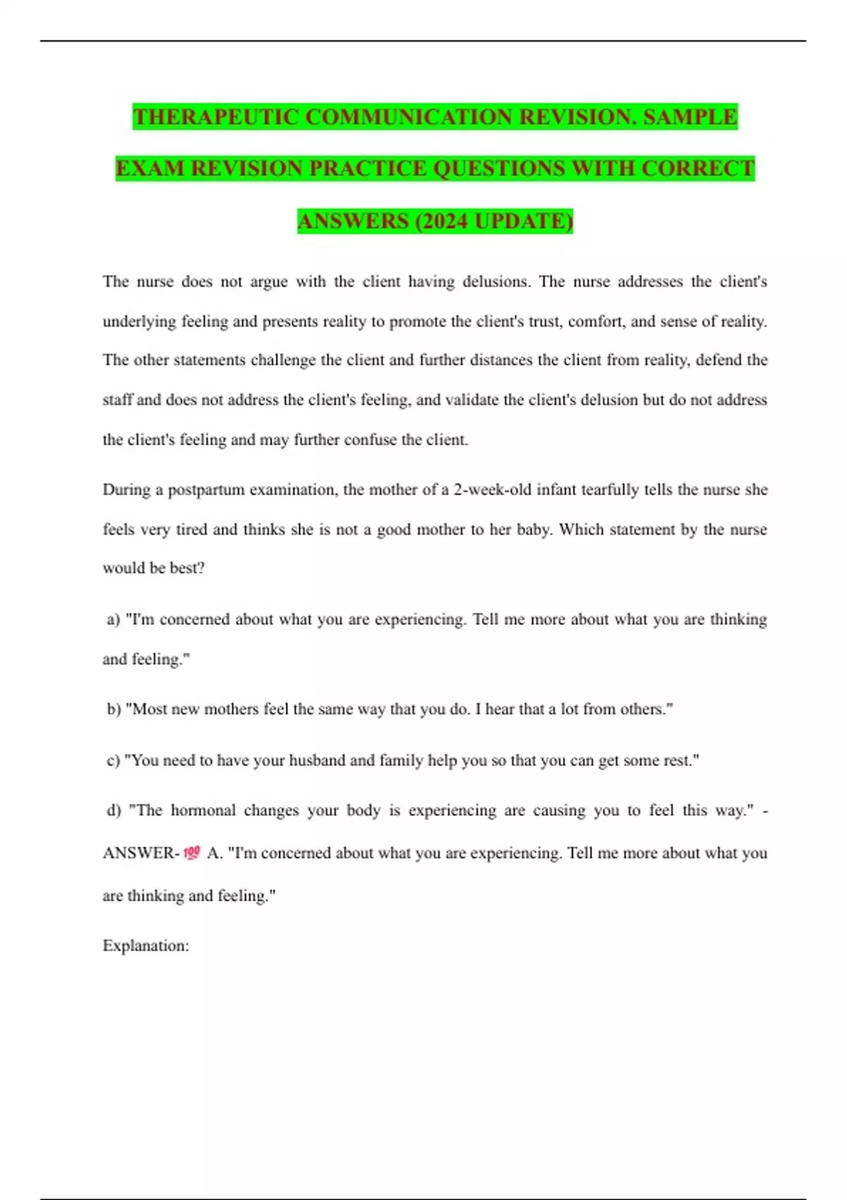 THERAPEUTIC COMMUNICATION REVISION. SAMPLE EXAM REVISION PRACTICE ...