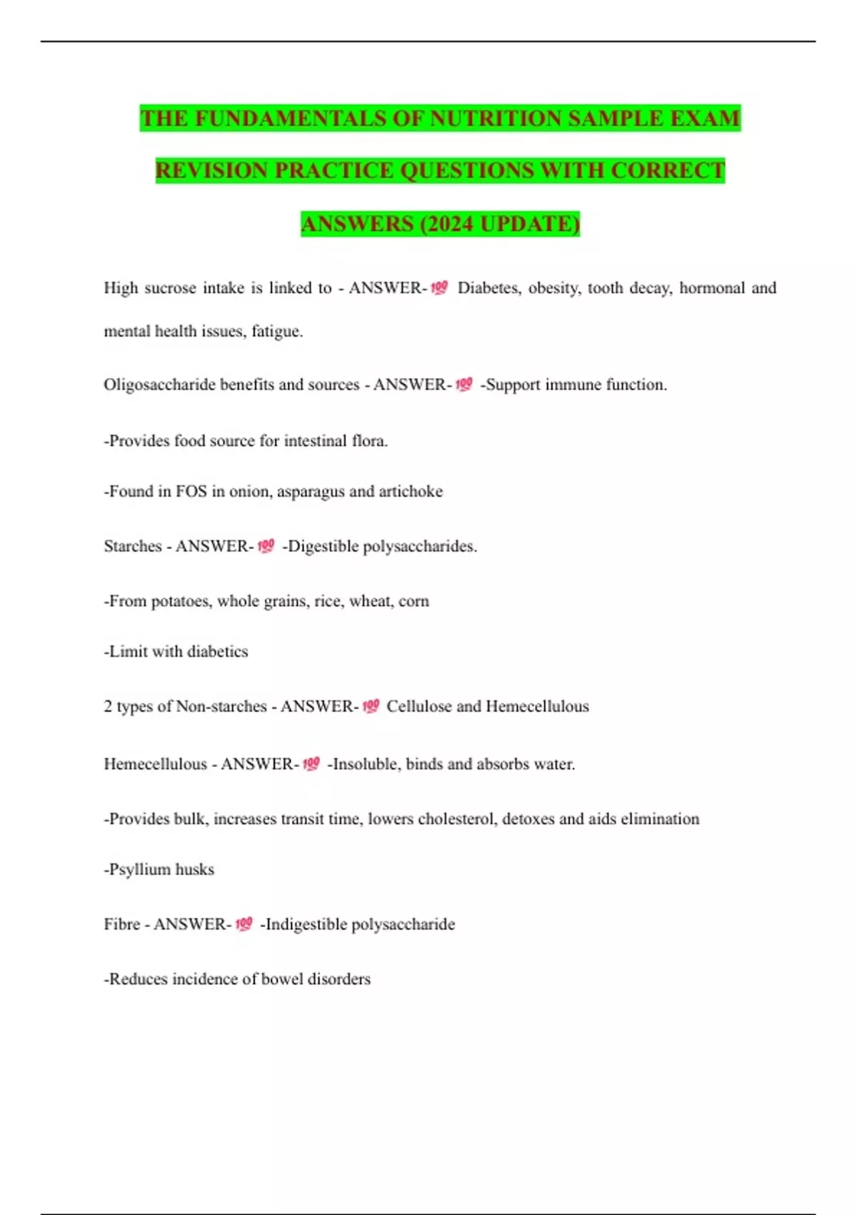 THE FUNDAMENTALS OF NUTRITION SAMPLE EXAM REVISION PRACTICE QUESTIONS ...