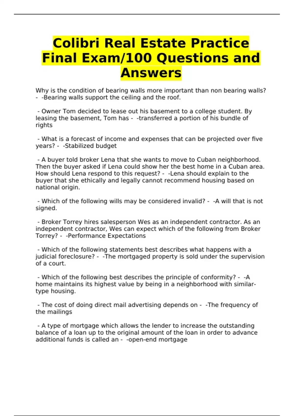 Colibri Real Estate Practice Final Exam/100 Questions and Answers - Colibri Real Estate Practice ...