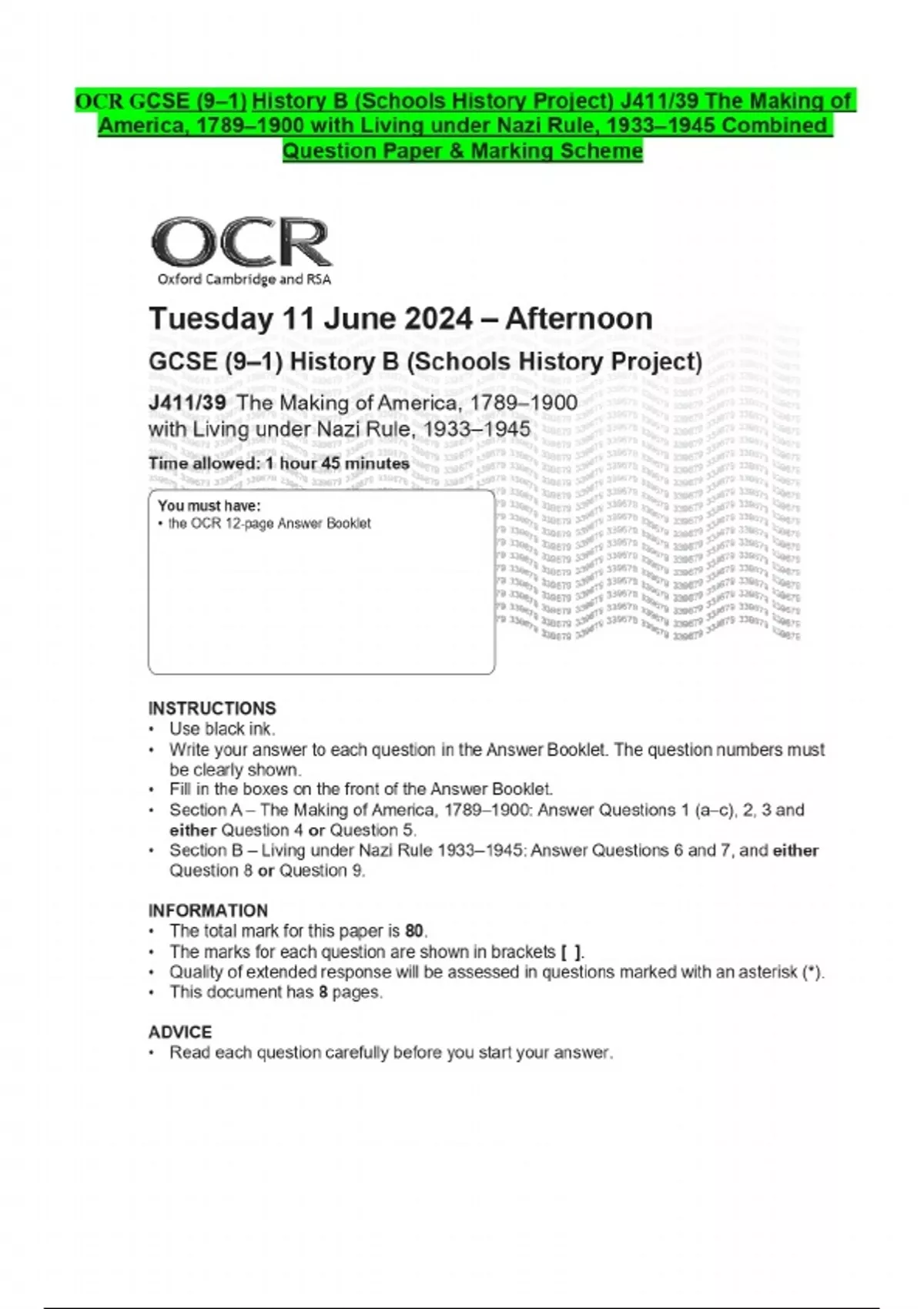 OCR GCSE (9–1) History B (Schools History Project) J411/39 The Making ...