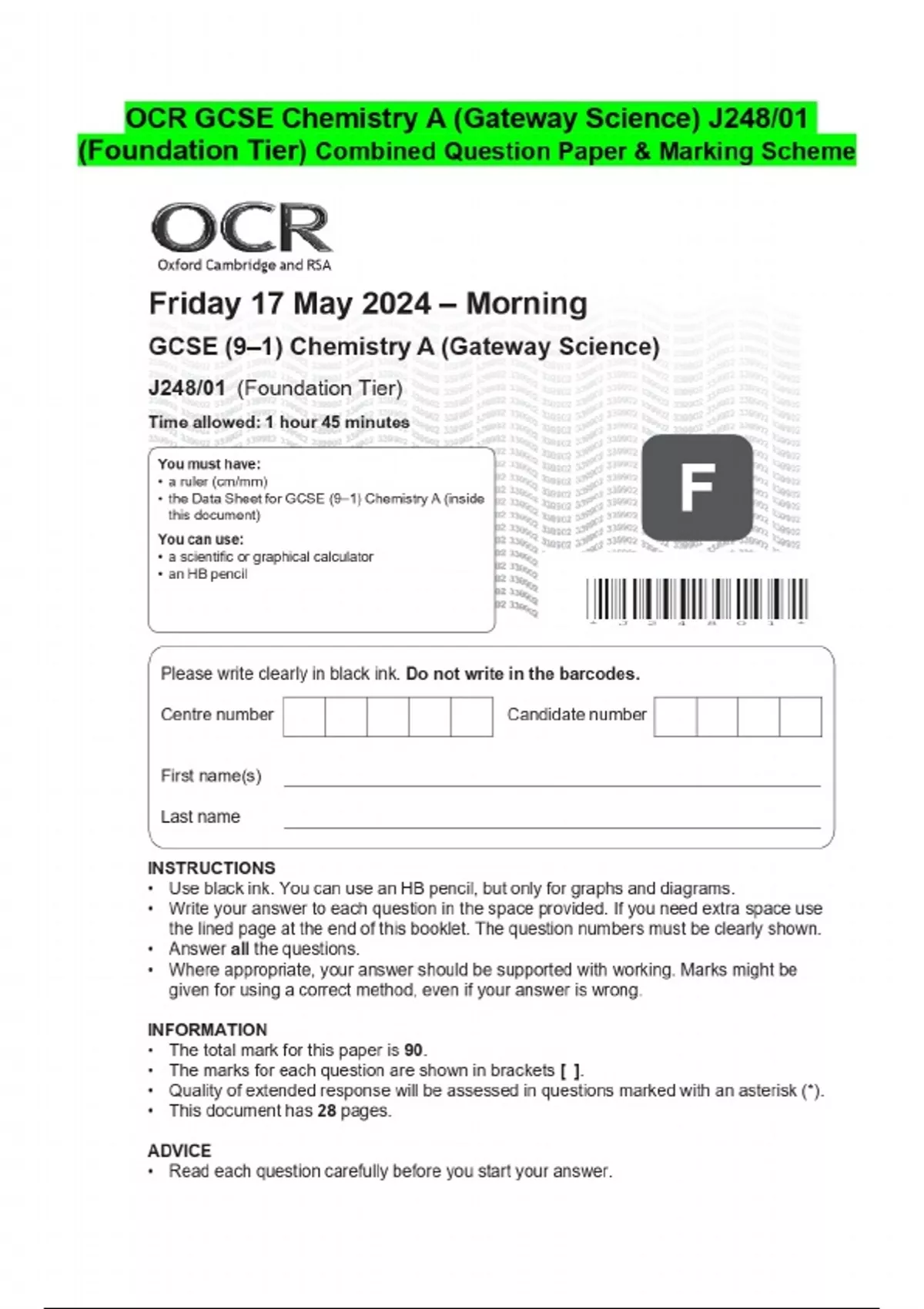OCR GCSE Chemistry A (Gateway Science) J248/01 (Foundation Tier ...