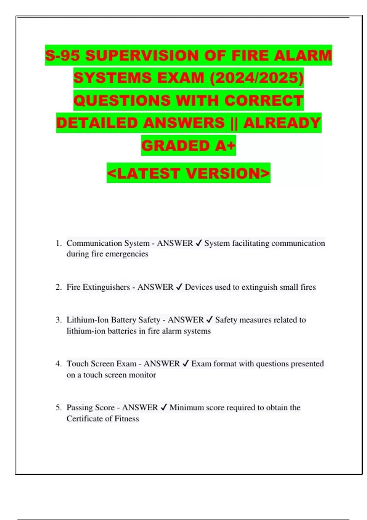 S-95 SUPERVISION OF FIRE ALARM SYSTEMS EXAM (2024/2025) QUESTIONS WITH ...