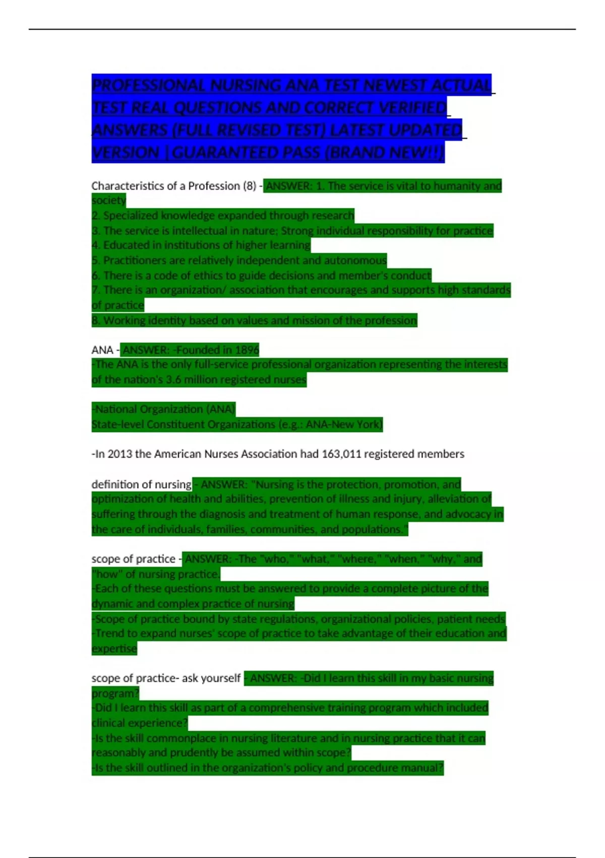 PROFESSIONAL NURSING ANA TEST NEWEST ACTUAL TEST REAL QUESTIONS AND ...