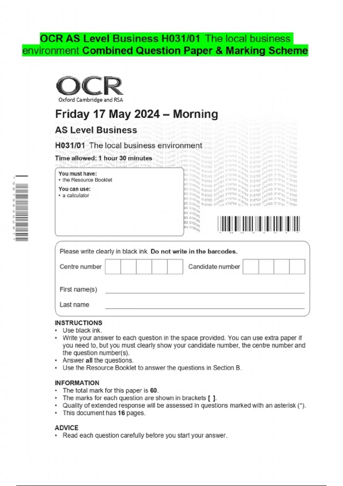 OCR AS Level Business H031/01 The local business environment Combined ...