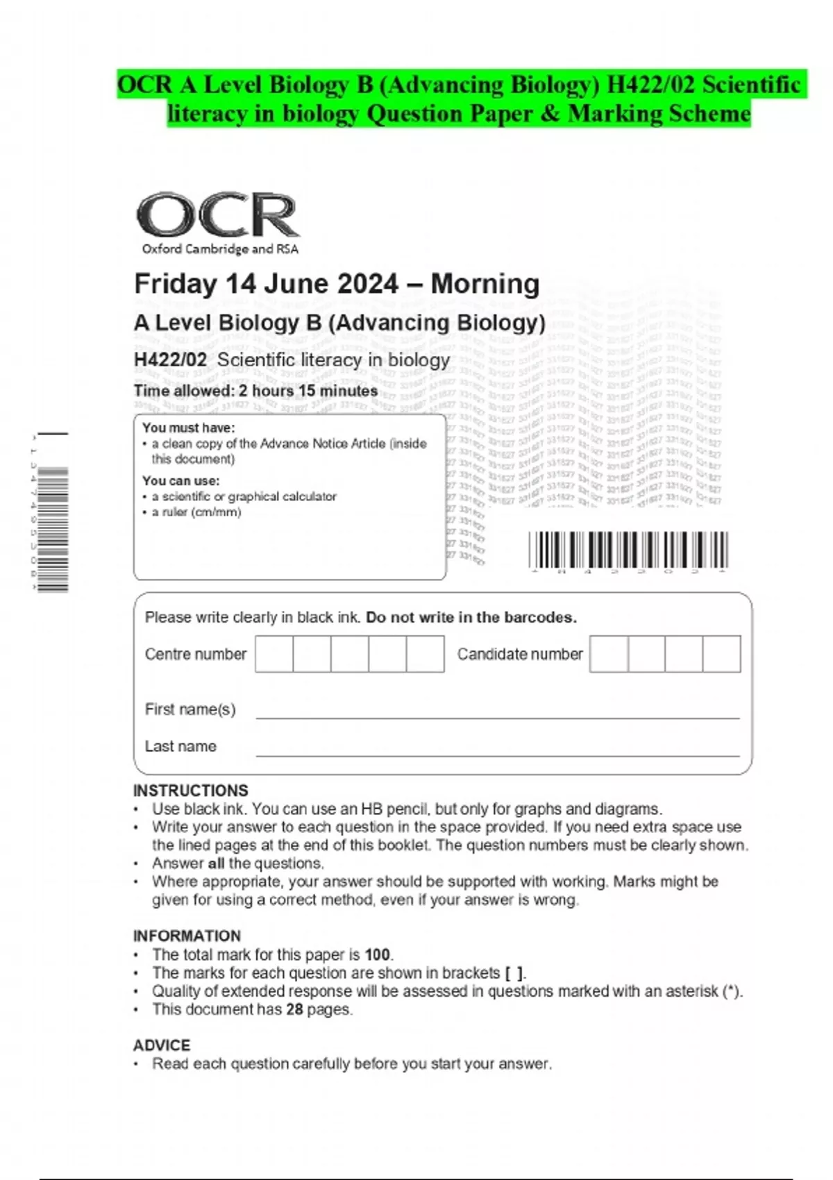 OCR A Level Biology B (Advancing Biology) H422/02 Scientific literacy ...