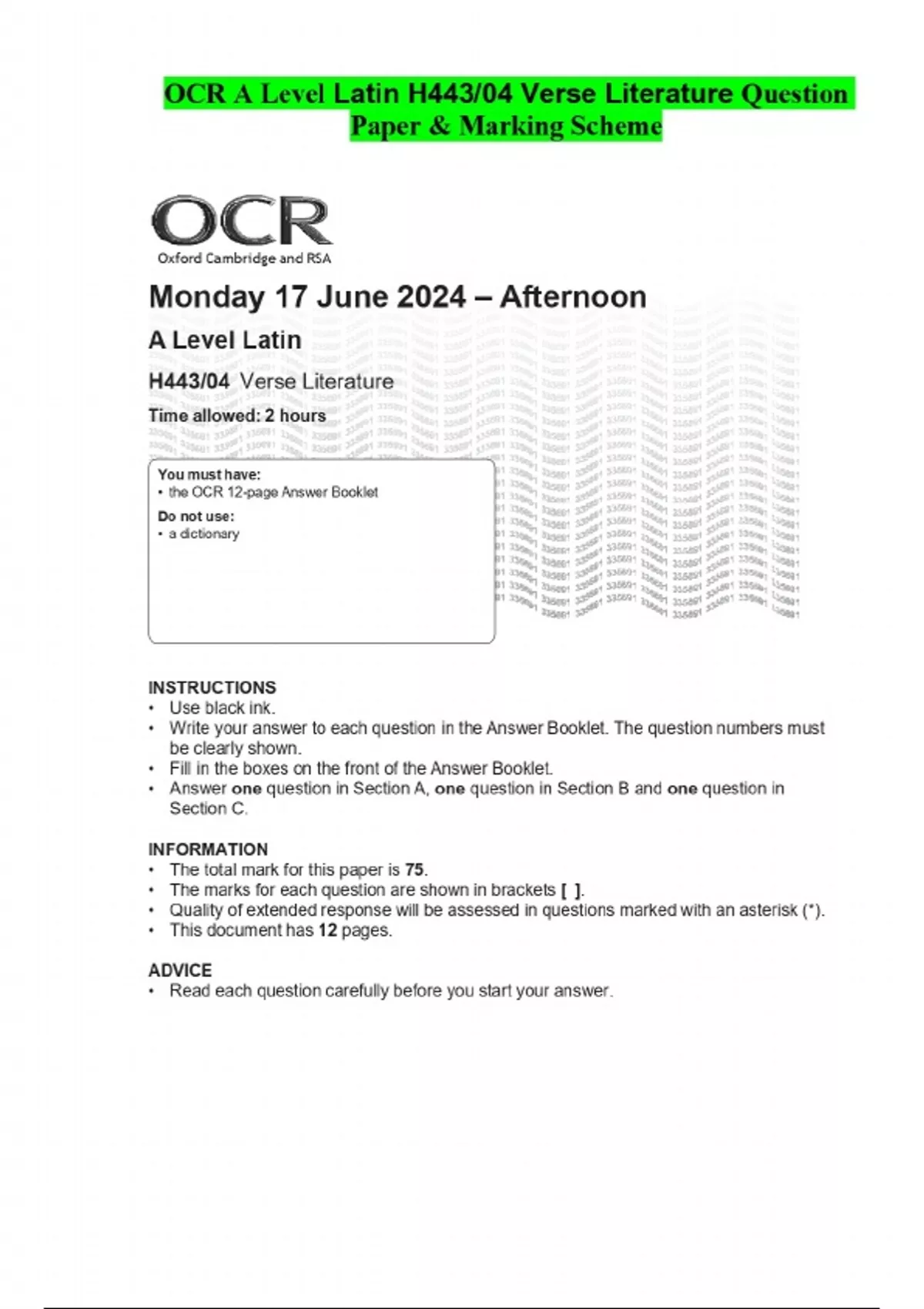 OCR A Level Latin H443/04 Verse Literature Question Paper & Marking ...