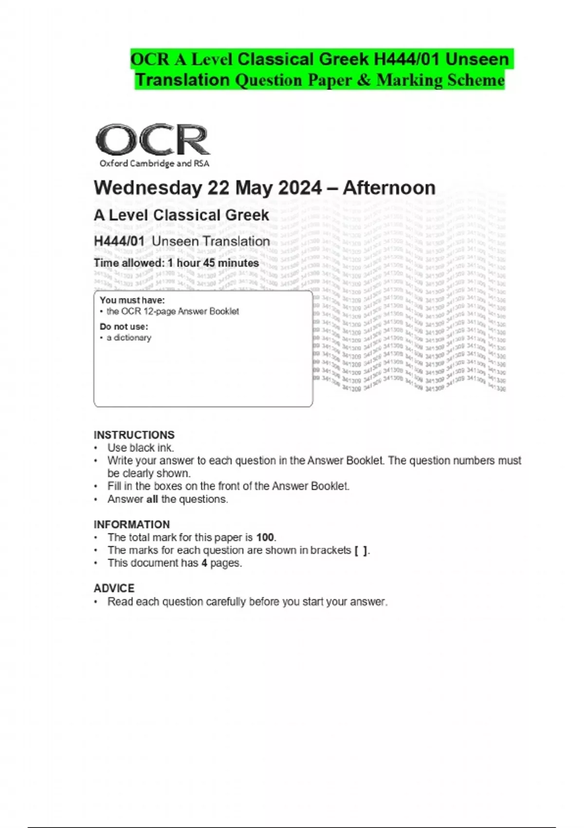 OCR A Level Classical Greek H444/01 Unseen Translation Question Paper ...