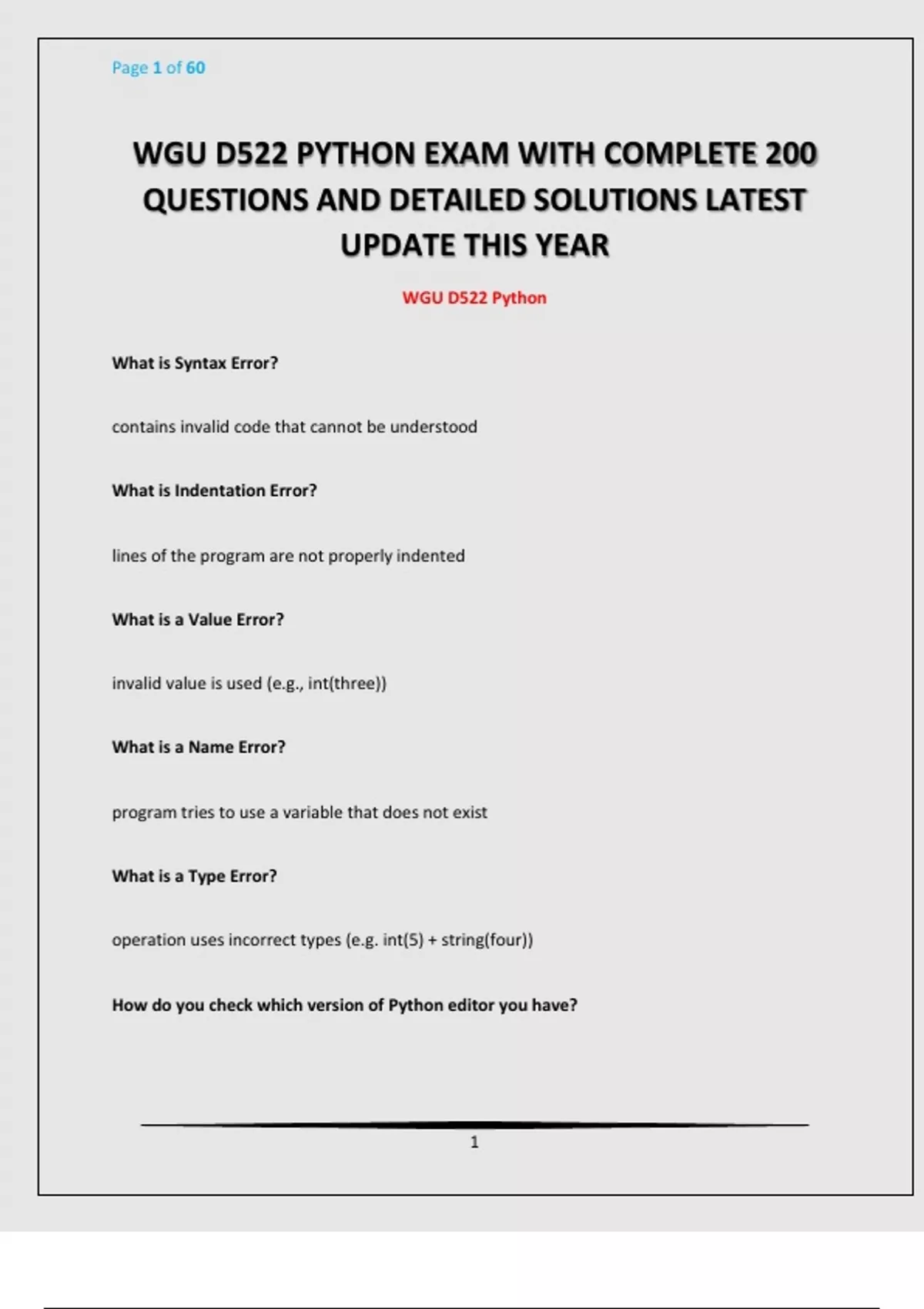 WGU D522 PYTHON EXAM WITH COMPLETE 200 QUESTIONS AND DETAILED SOLUTIONS ...