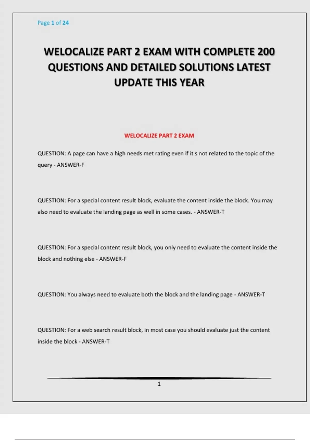 WELOCALIZE PART 2 EXAM WITH COMPLETE 200 QUESTIONS AND DETAILED ...