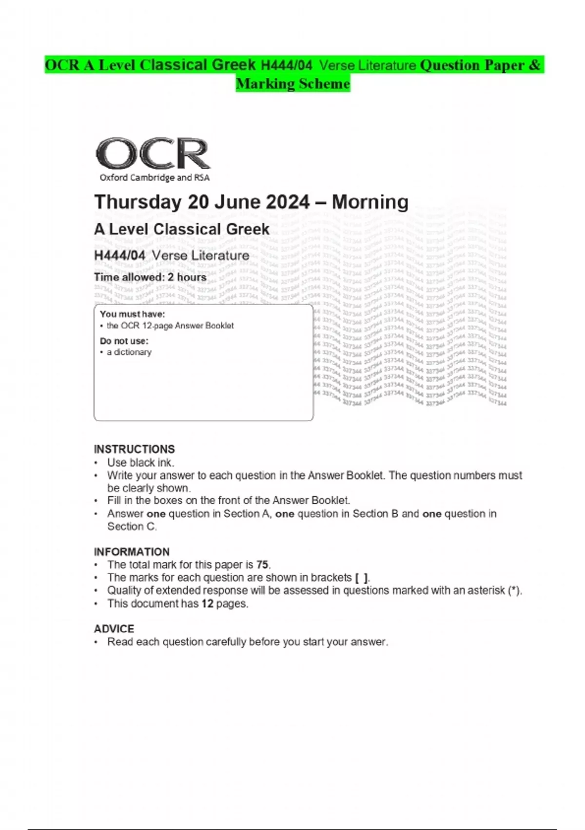 OCR A Level Classical Greek H444/04 Verse Literature Question Paper ...