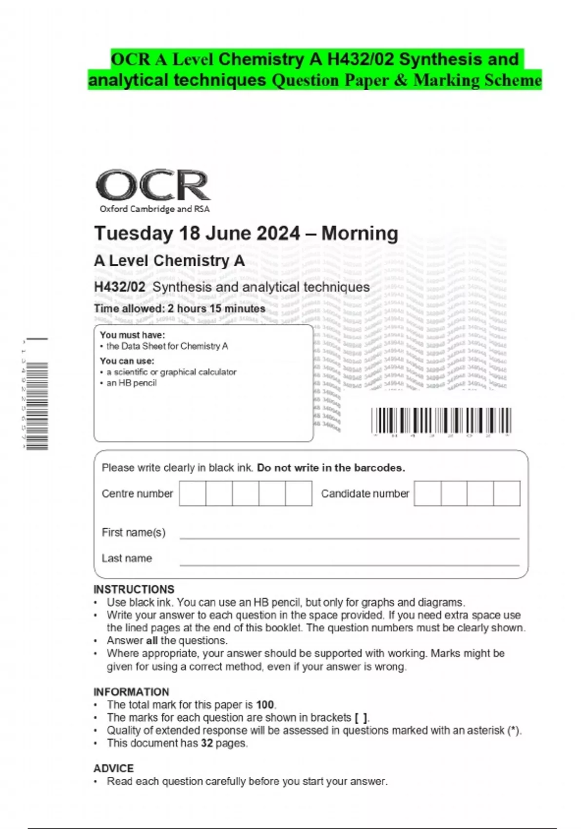 OCR A Level Chemistry A H432/02 Synthesis and analytical techniques ...