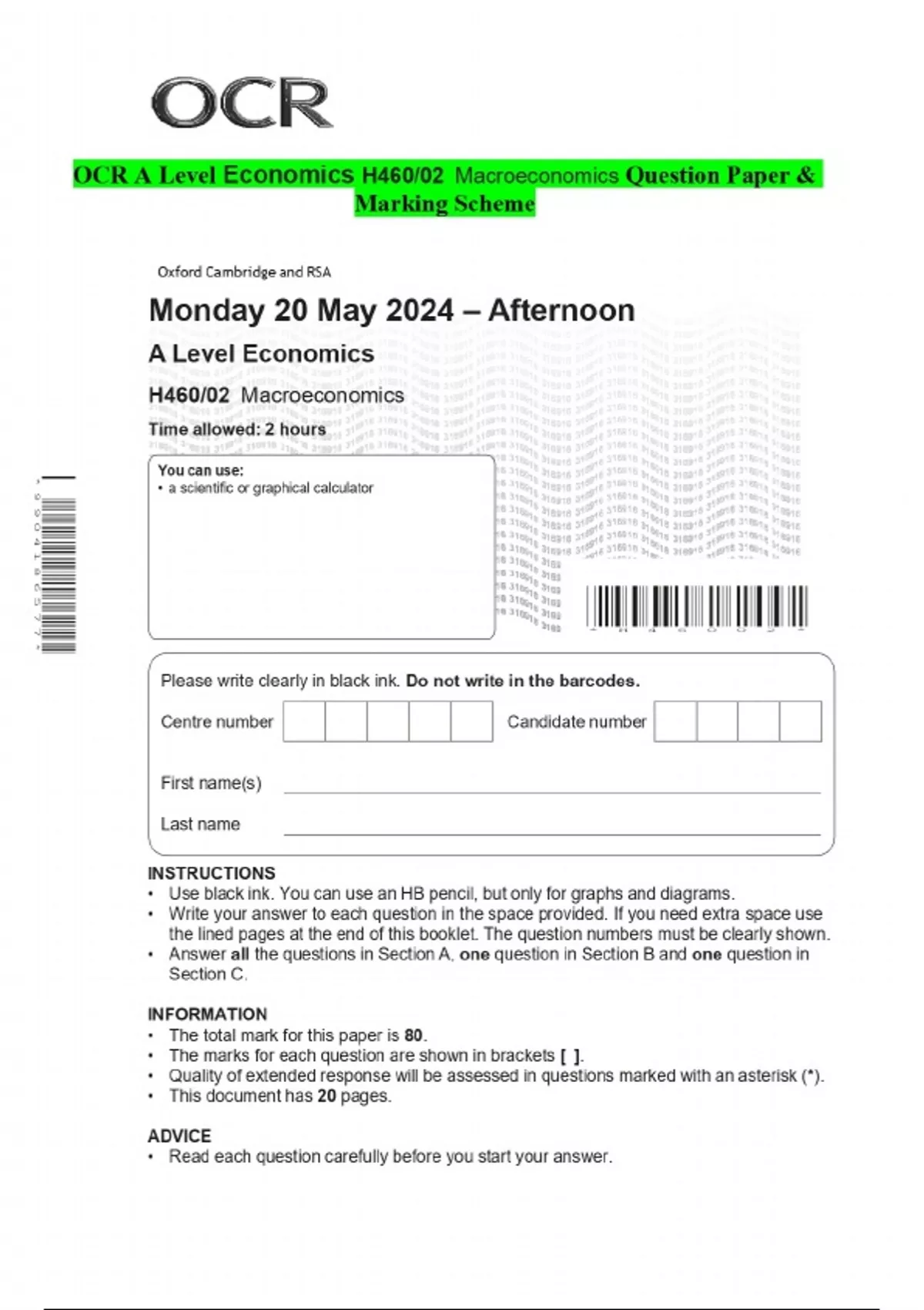 OCR A Level Economics H460/02 Macroeconomics Question Paper & Marking ...