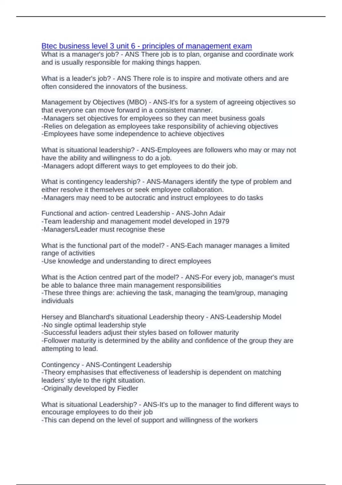 Btec business level 3 unit 6 - principles of management exam with ...