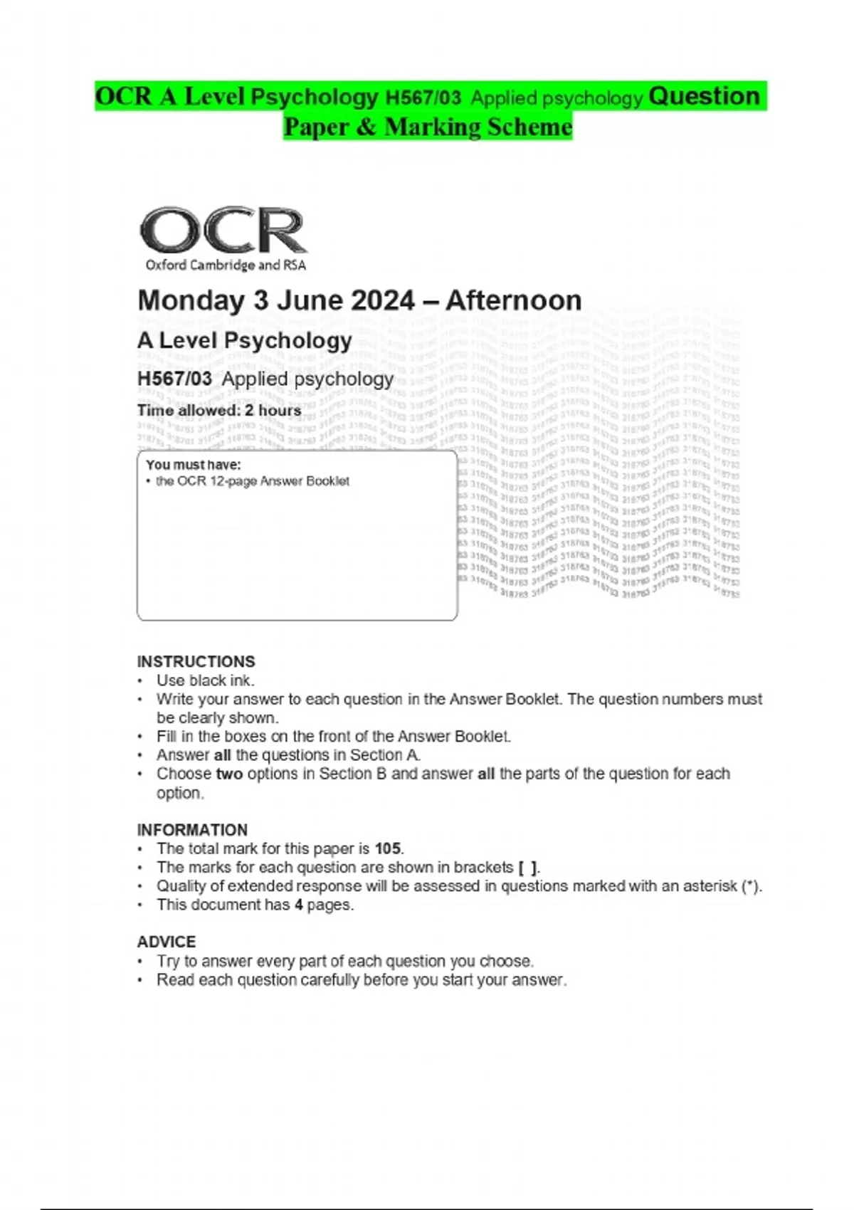 OCR A Level Psychology H567/03 Applied psychology Question Paper ...