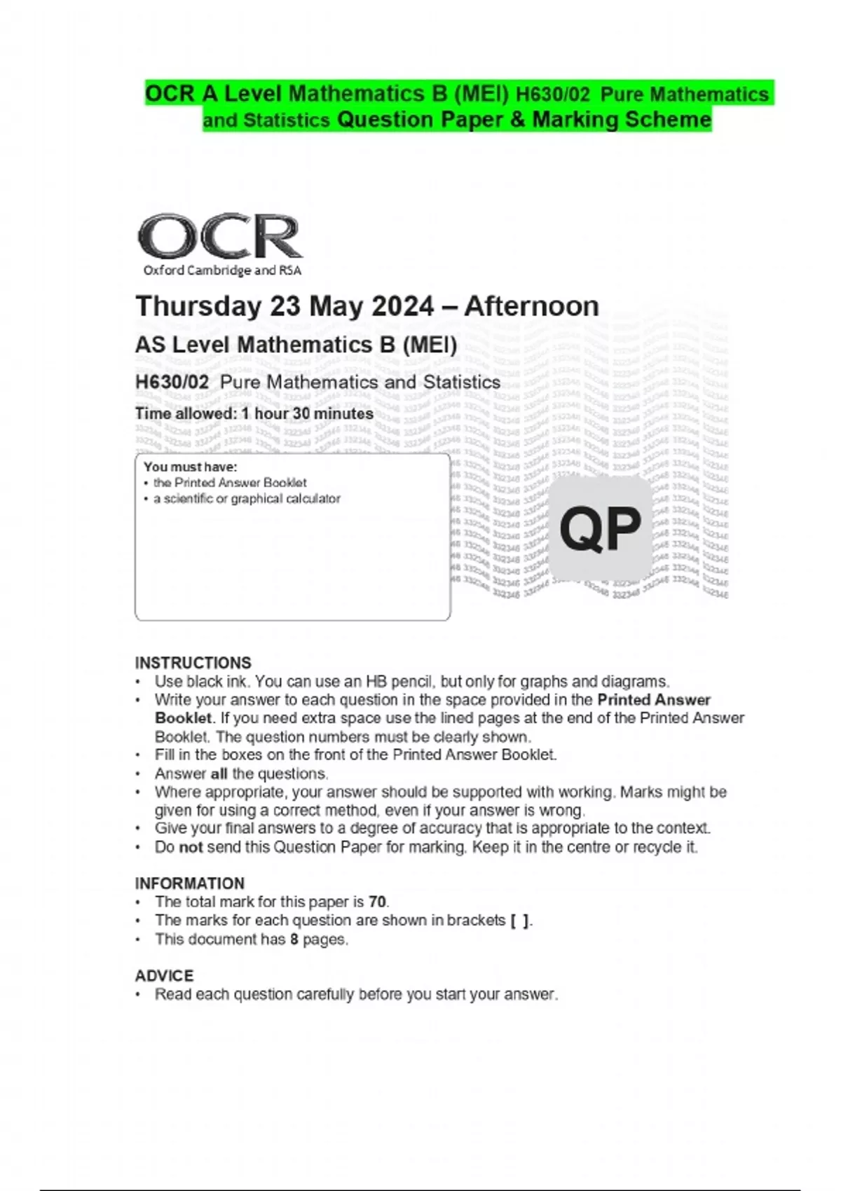 OCR A Level Mathematics B (MEI) H630/02 Pure Mathematics and Statistics ...