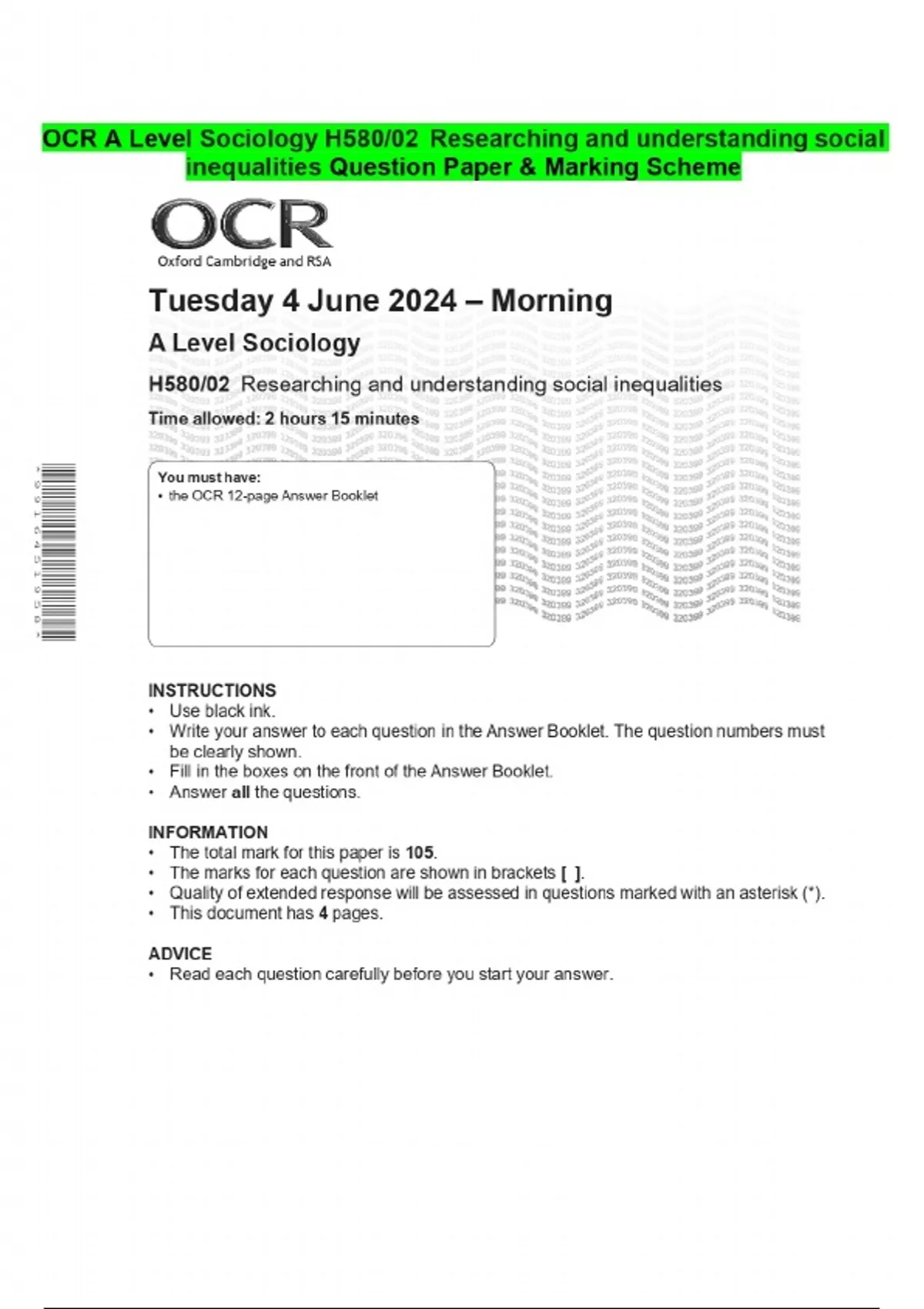 OCR A Level Sociology H580/02 Researching and understanding social inequalities Question Paper ...