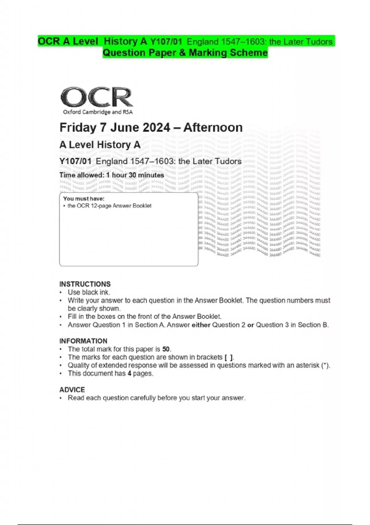 OCR A Level History A Y107/01 England 1547–1603: the Later Tudors ...