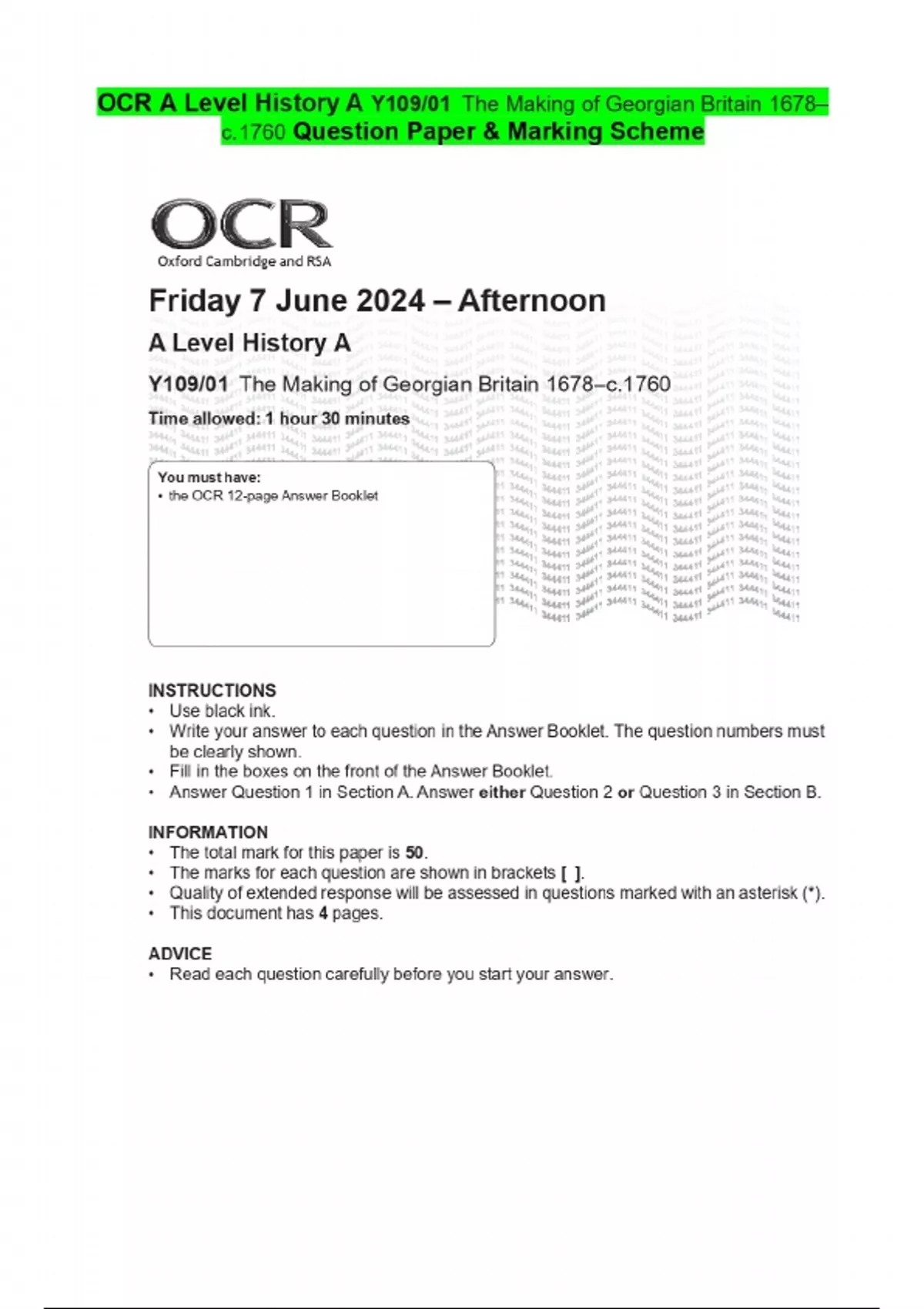 OCR A Level History A Y109/01 The Making of Georgian Britain 1678 c ...