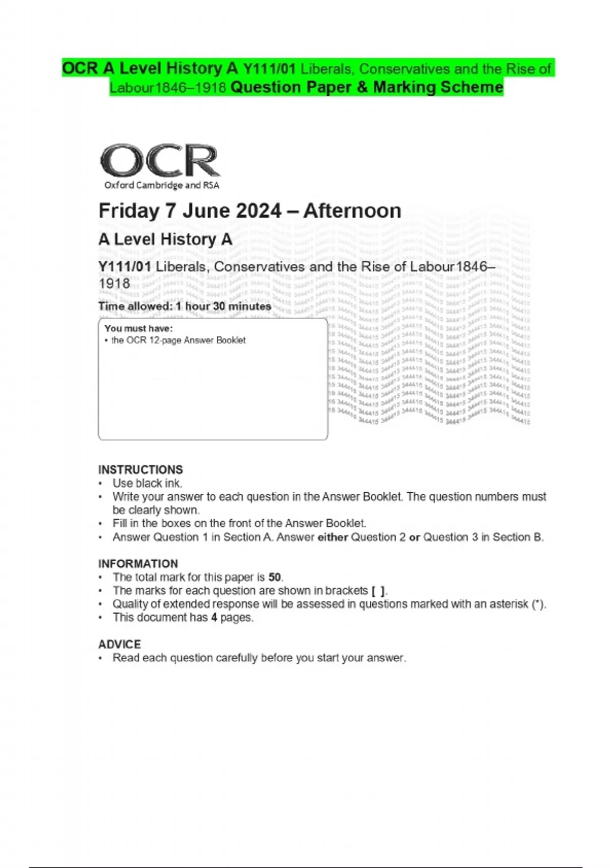 OCR A Level History A Y111/01 Liberals, Conservatives and the Rise of ...