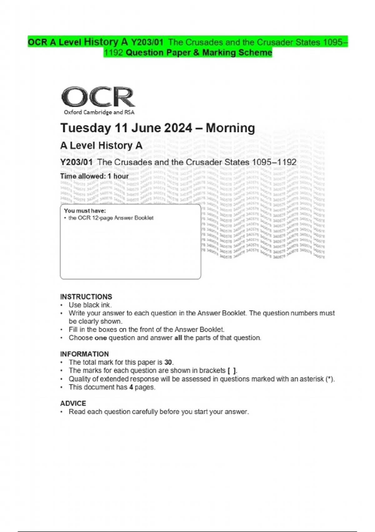 OCR A Level History A Y203/01 The Crusades and the Crusader States 1095 ...