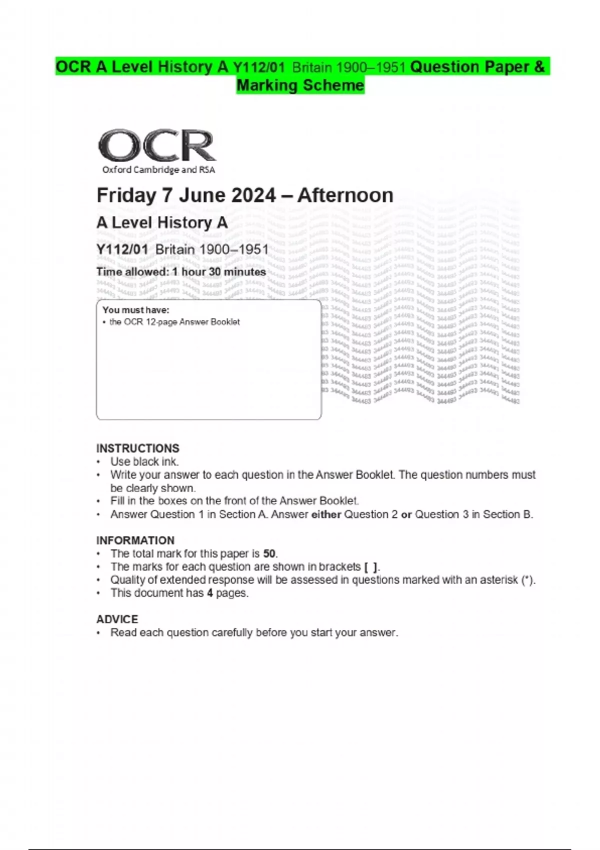 OCR A Level History A Y112/01 Britain 1900–1951 Question Paper ...