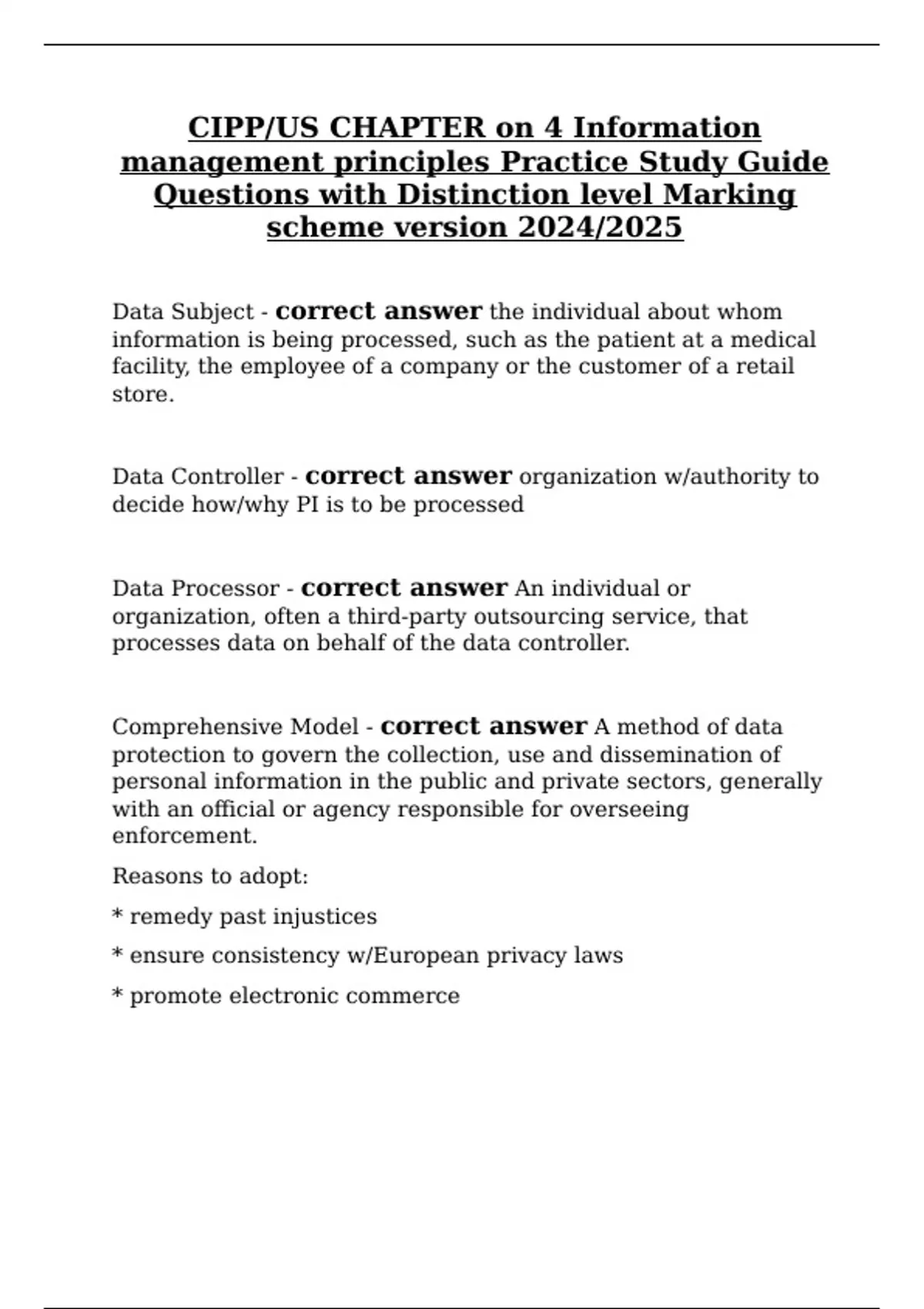 CIPP/US CHAPTER on 4 Information management principles Practice Study Guide Questions with ...