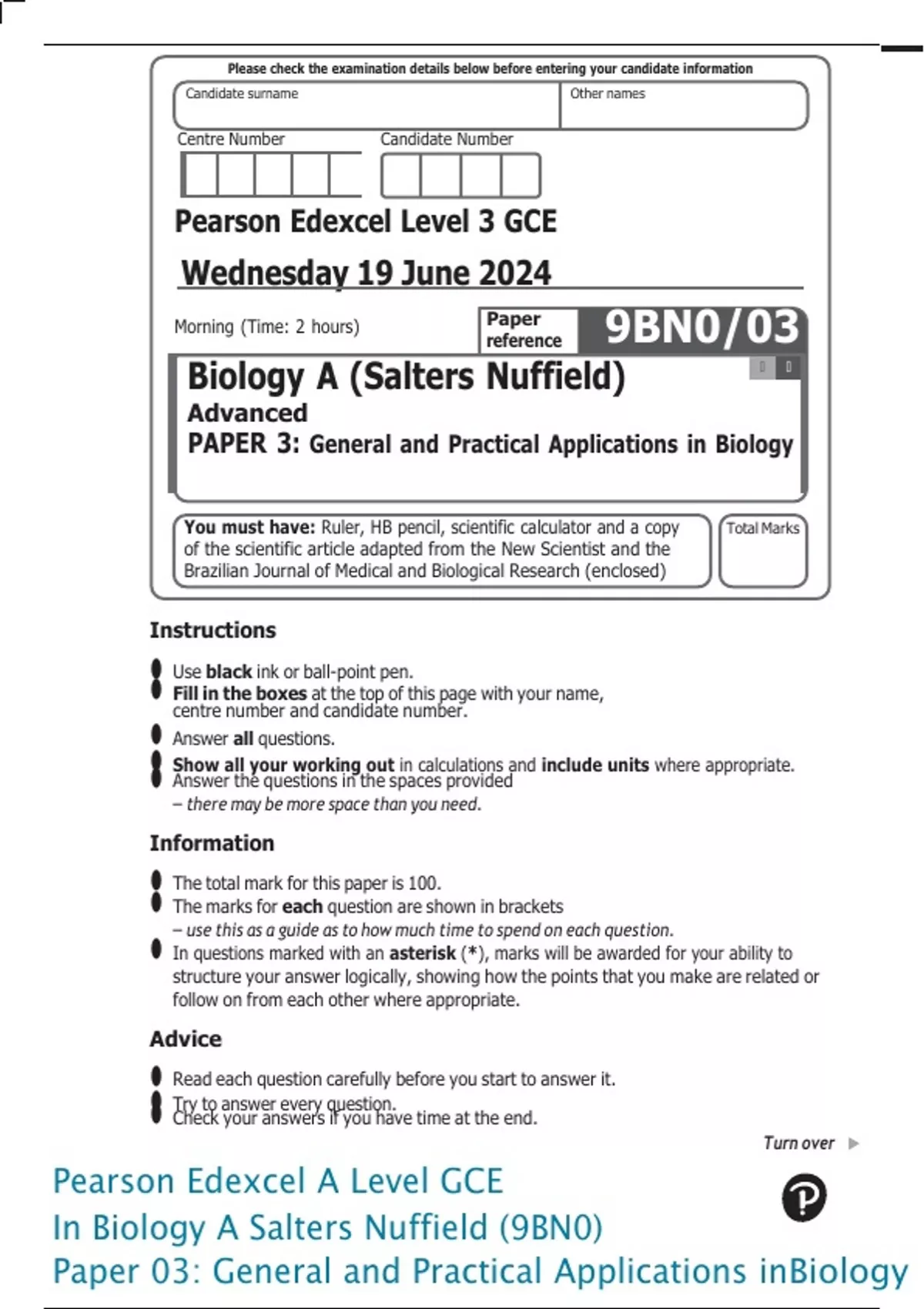 2024Pearson Edexcel A Level GCE In Biology A Salters Nuffield (9BN0 ...