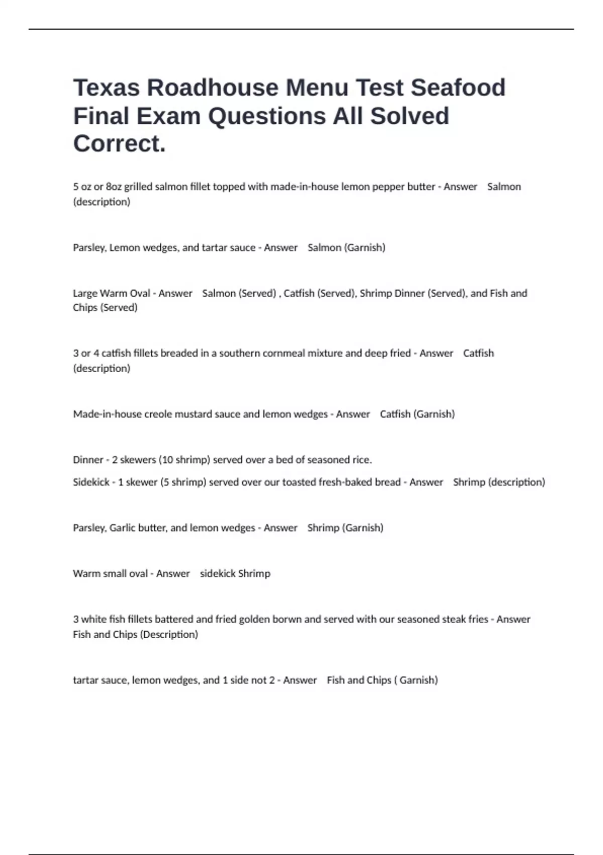 Texas Roadhouse Menu Test Seafood Final Exam Questions All Solved ...