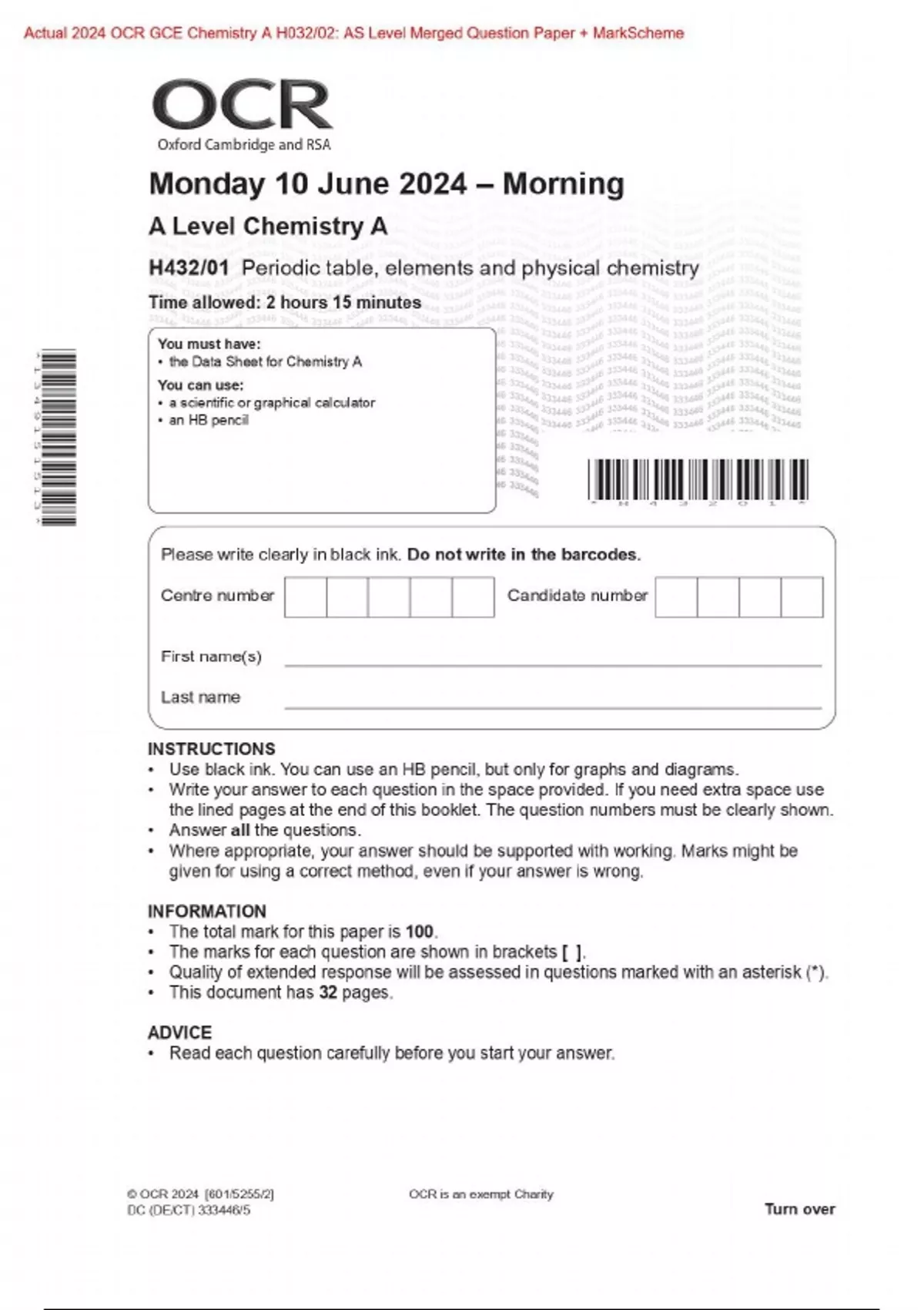 Actual 2024 OCR GCE Chemistry A H432/01: Periodic table, elements and ...