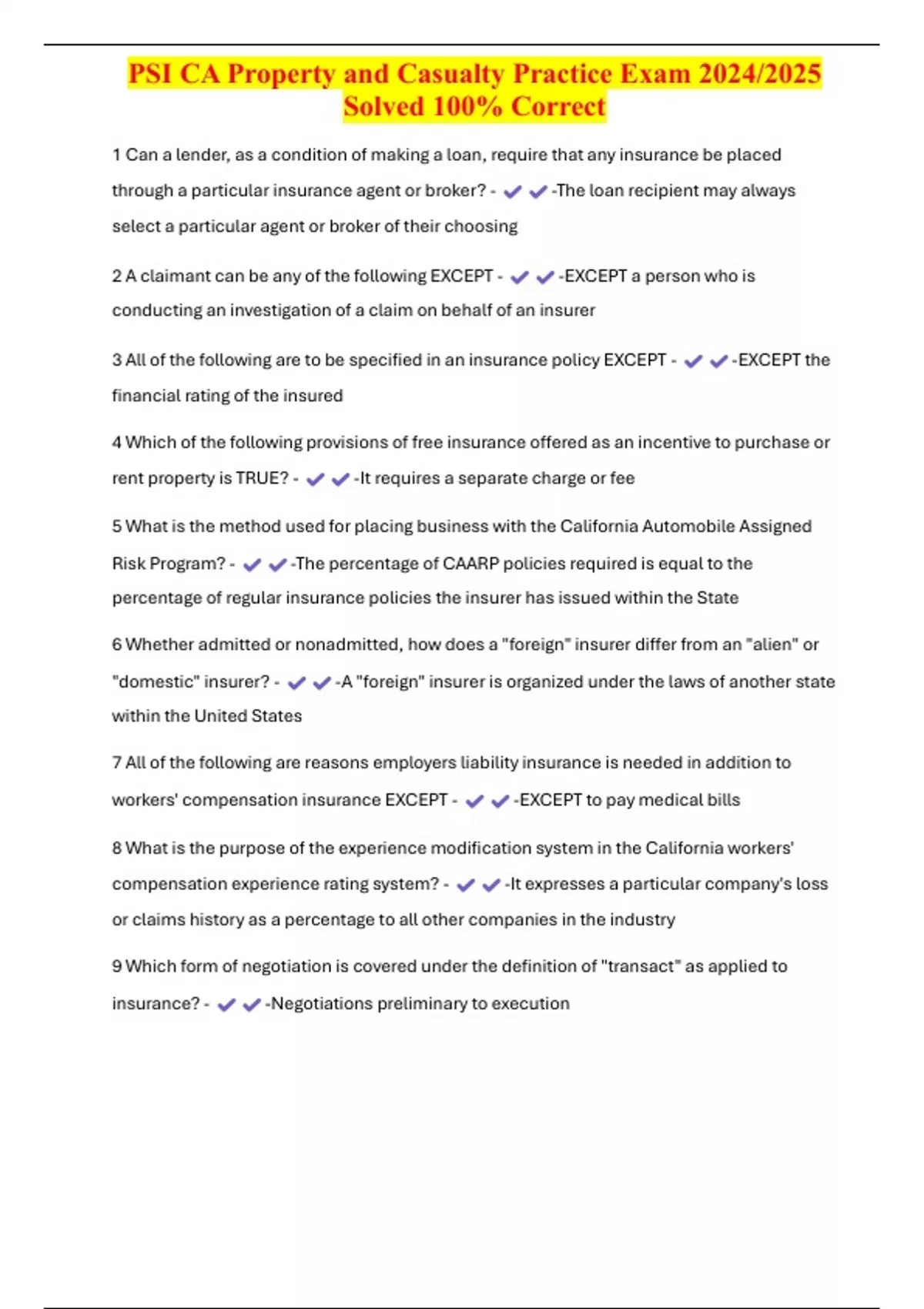 PSI CA Property and Casualty Practice Exam 2024/2025 Solved 100% ...