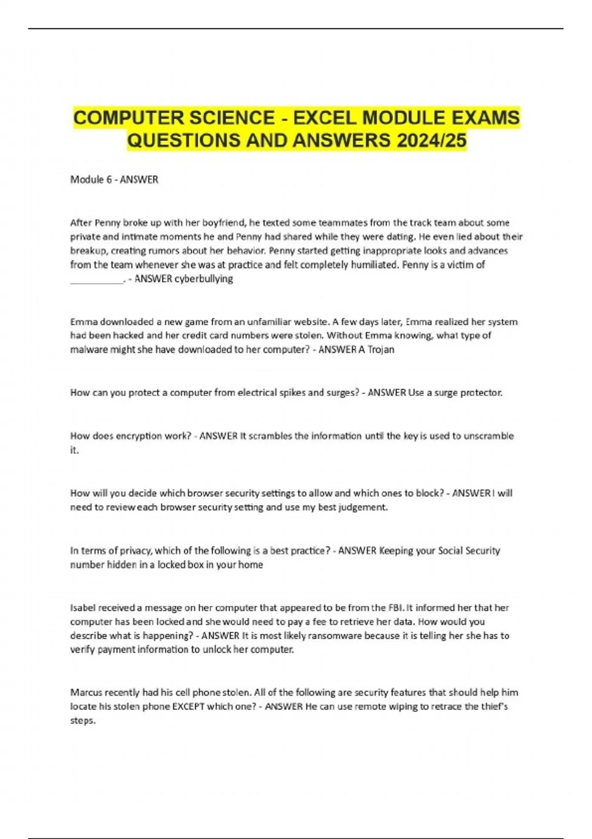Computer Science Excel Module Exams Questions And Answers 2024 25 Graduation In Computer