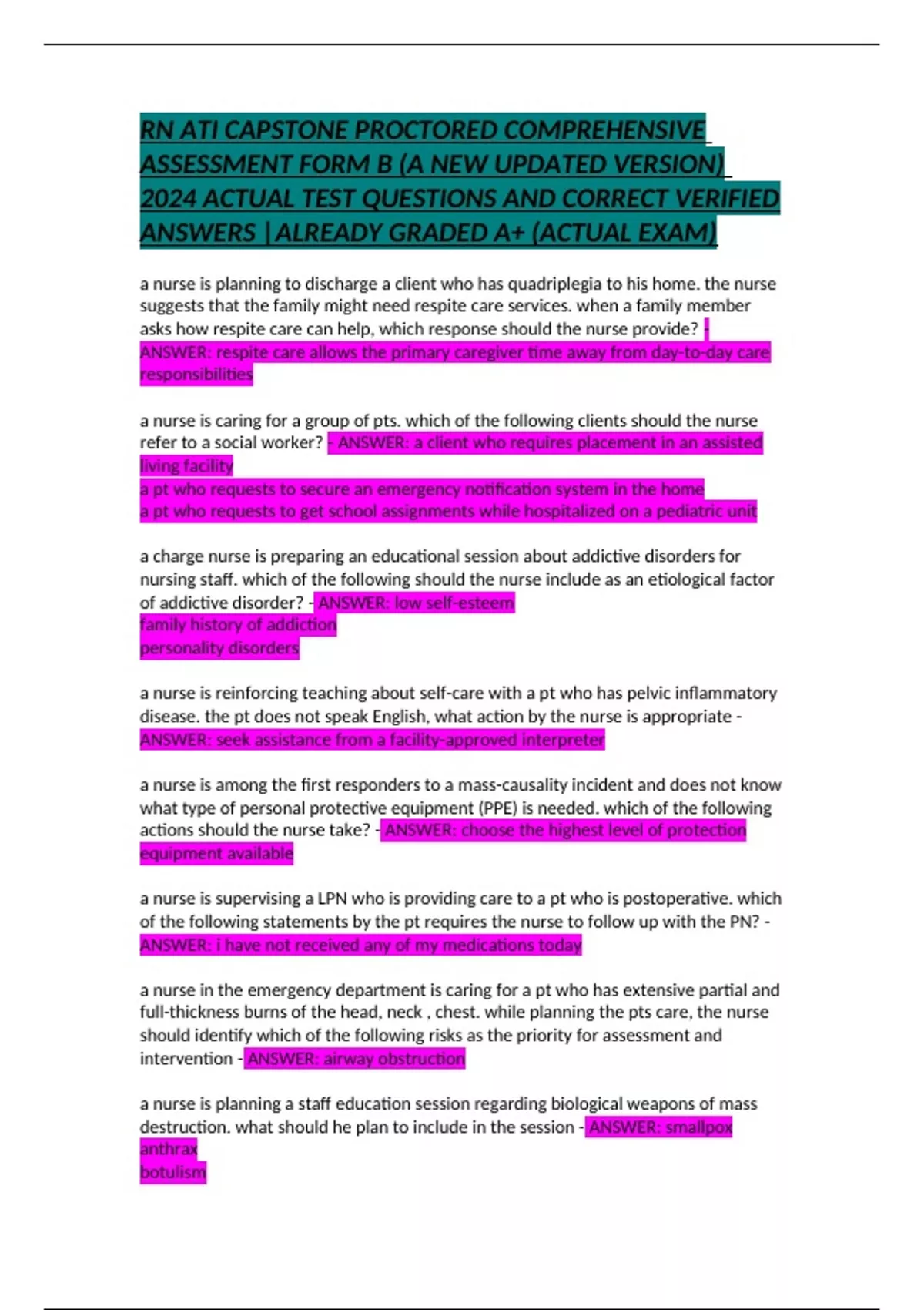 RN ATI CAPSTONE PROCTORED COMPREHENSIVE ASSESSMENT - COMPREHENSIVE ...