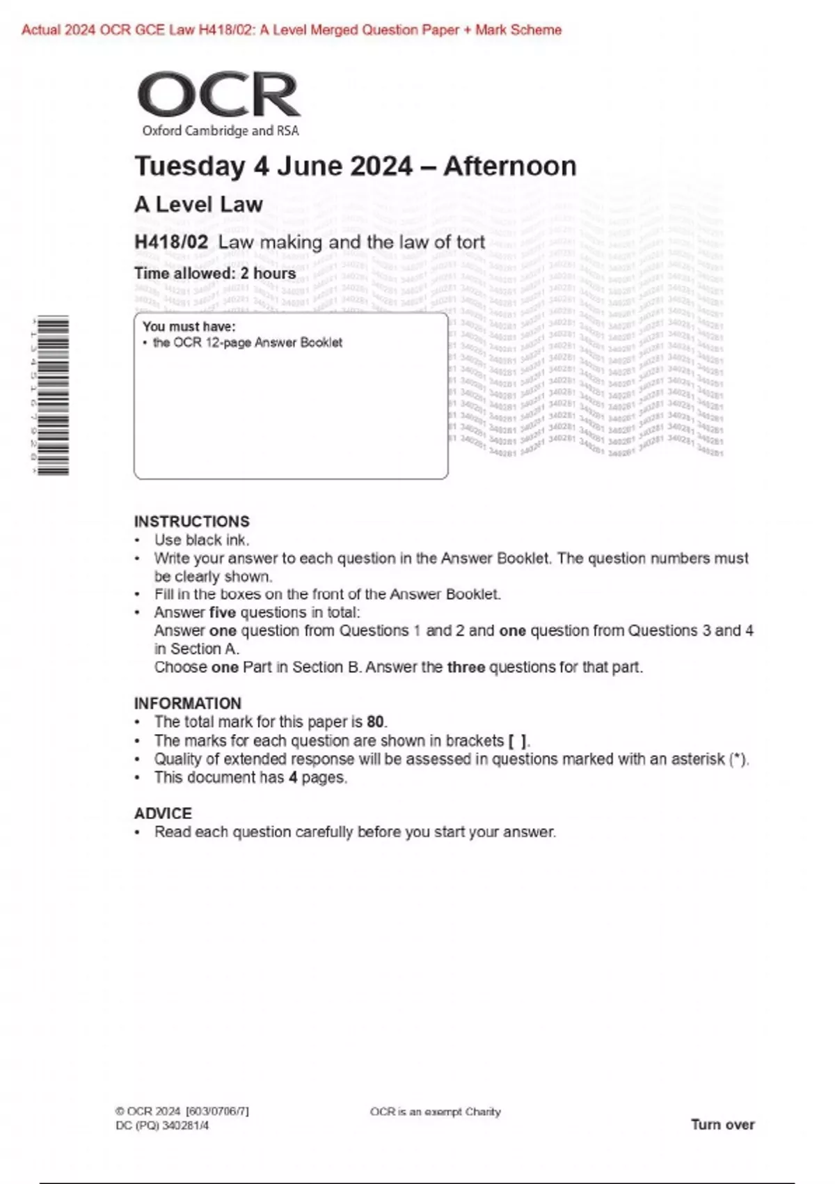 Actual 2024 OCR GCE Law H418/02: Law making and the law of tort A Level Merged Question Paper ...
