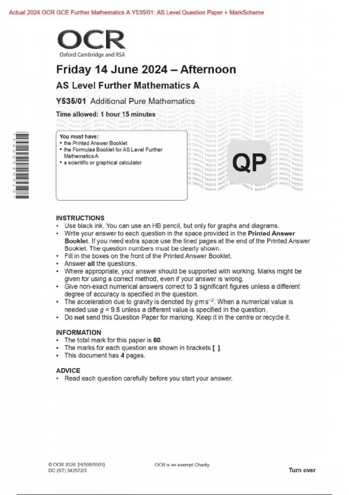 Actual 2024 OCR GCE Further Mathematics A Y535/01: Additional pure ...