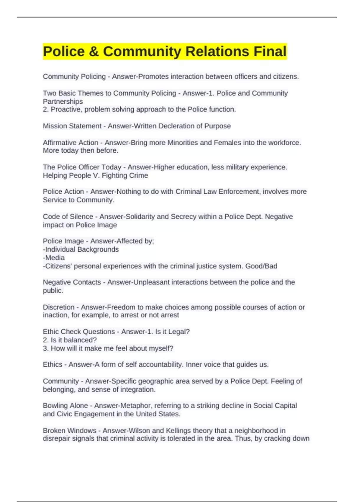 POLICE & COMMUNITY RELATIONS FINAL EXAM QUESTIONS AND ANSWERS - Police ...