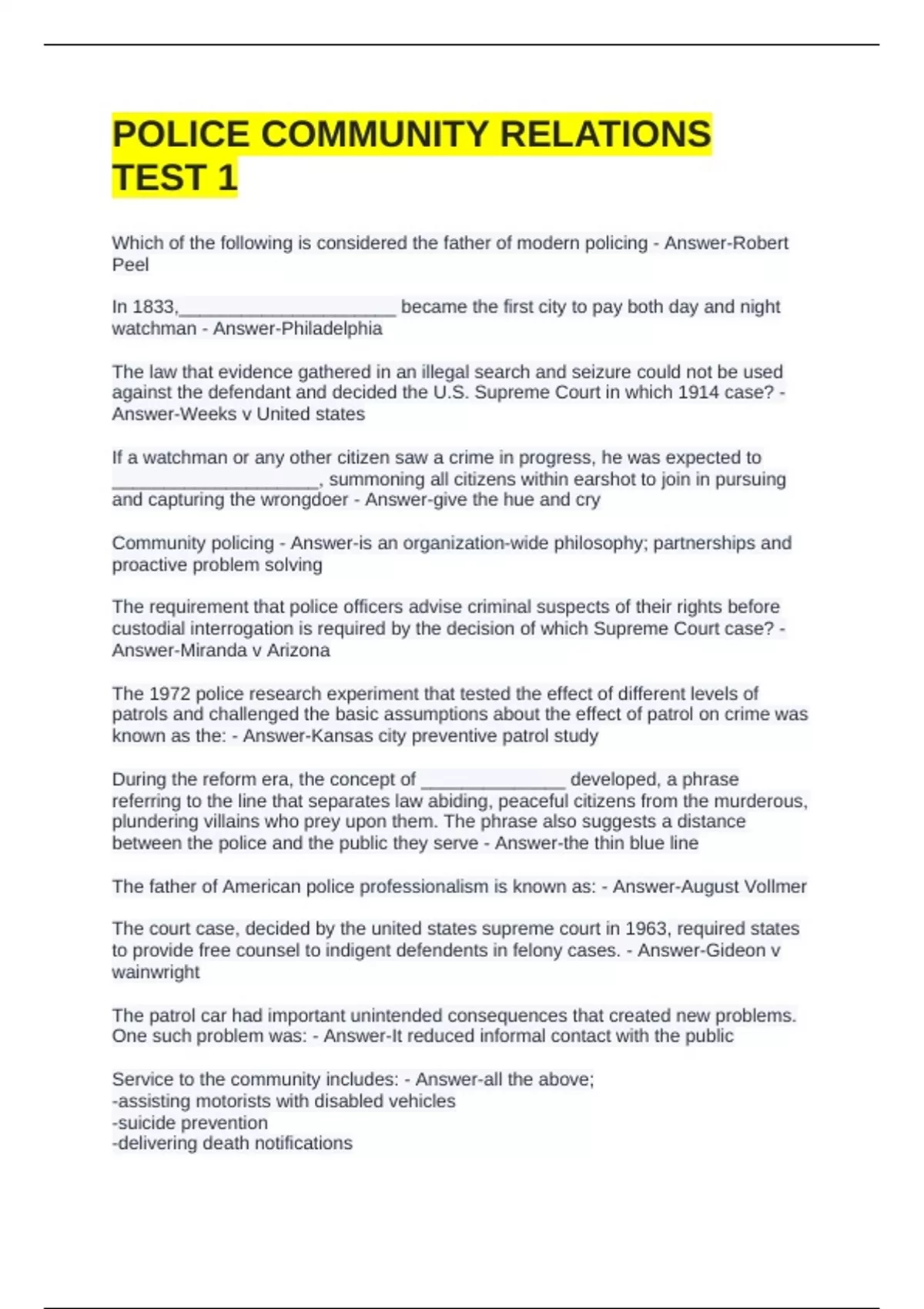POLICE COMMUNITY RELATIONS TEST 1 EXAM QUESTIONS CORRECTLY ANSWERED ...