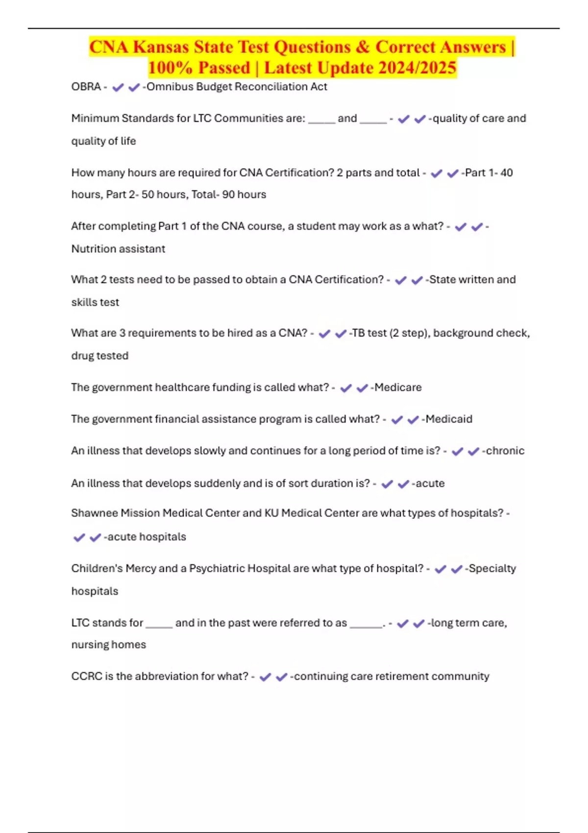 CNA Kansas State Test Questions & Correct Answers | 100% Passed ...