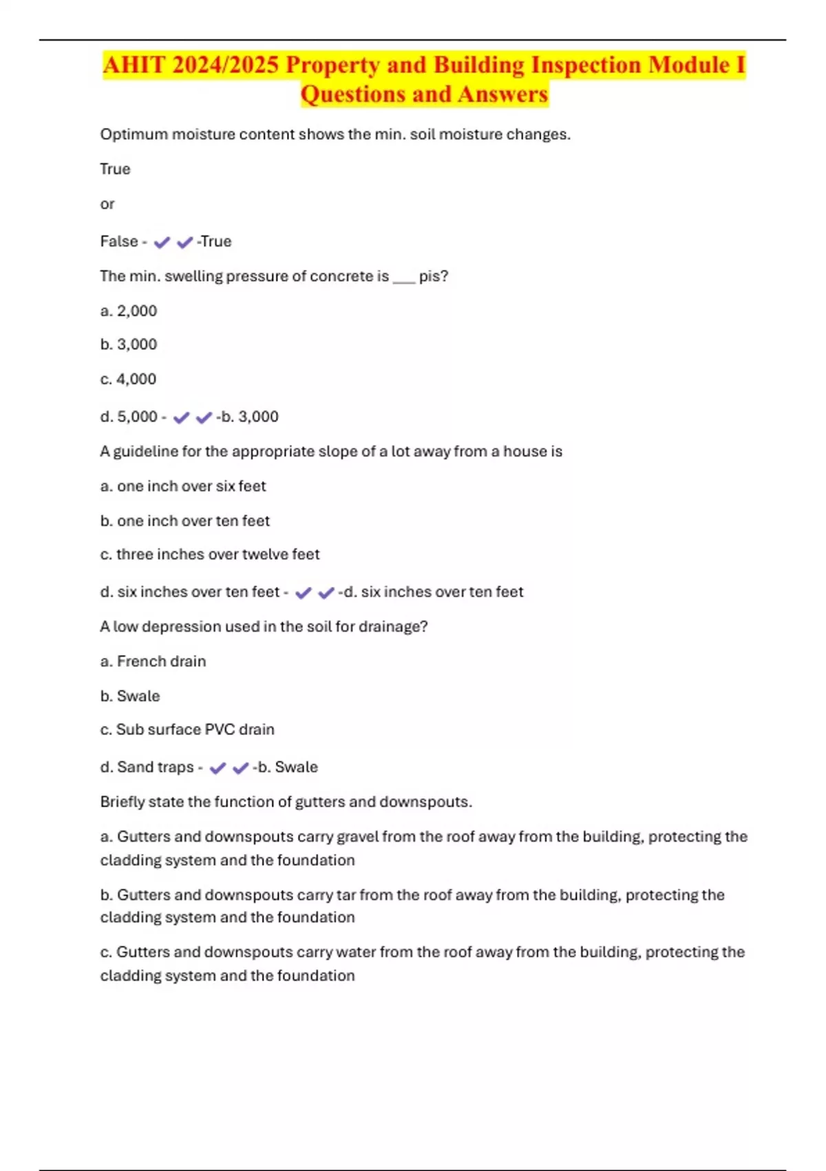 AHIT 2024/2025 Property and Building Inspection Module I Questions and ...