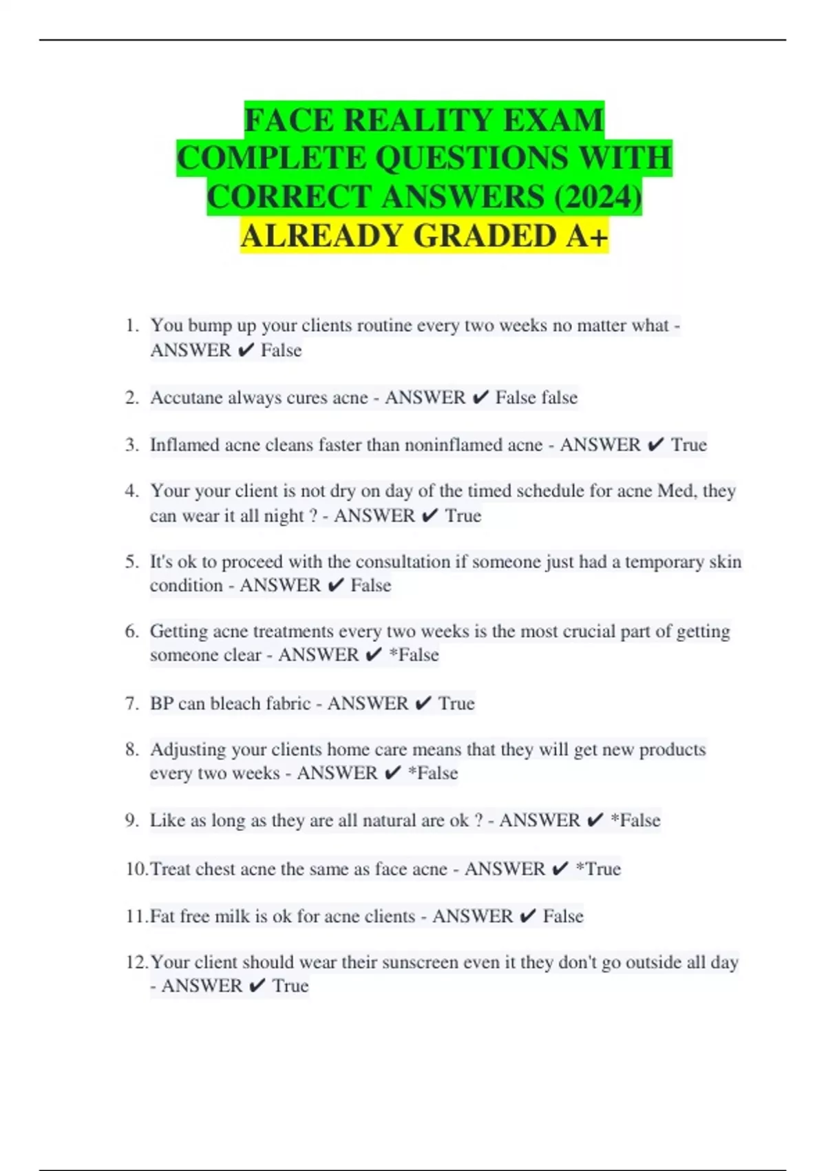 FACE REALITY EXAM COMPLETE QUESTIONS WITH CORRECT ANSWERS (2024 ...