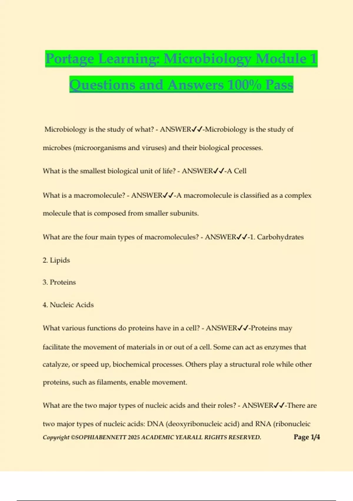 Portage Learning: Microbiology Module 1 Questions and Answers 100% Pass ...