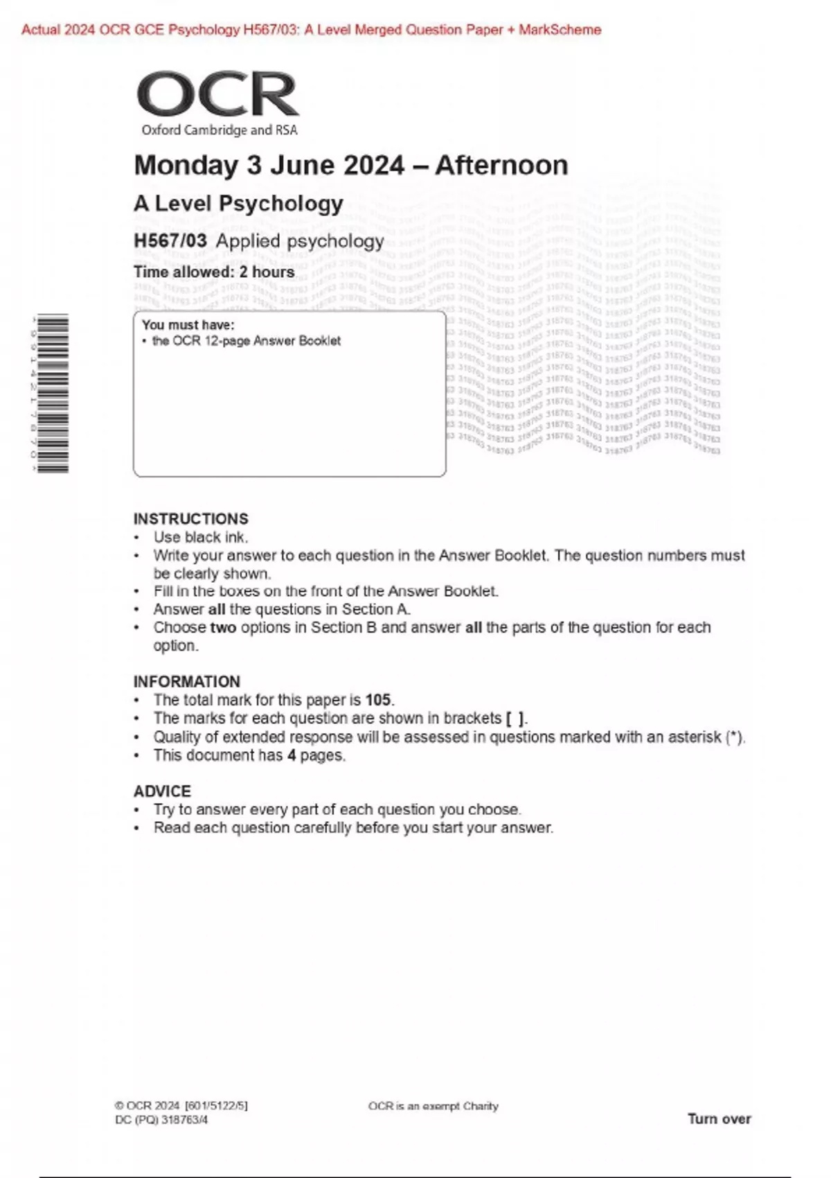 Actual 2024 OCR GCE Psychology H567/03: Applied psychology A Level ...