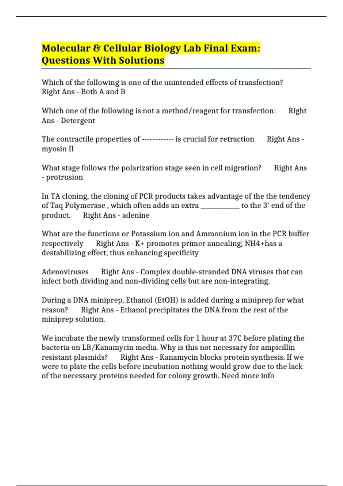 Molecular & Cellular Biology Lab Final Exam: Questions With Solutions ...