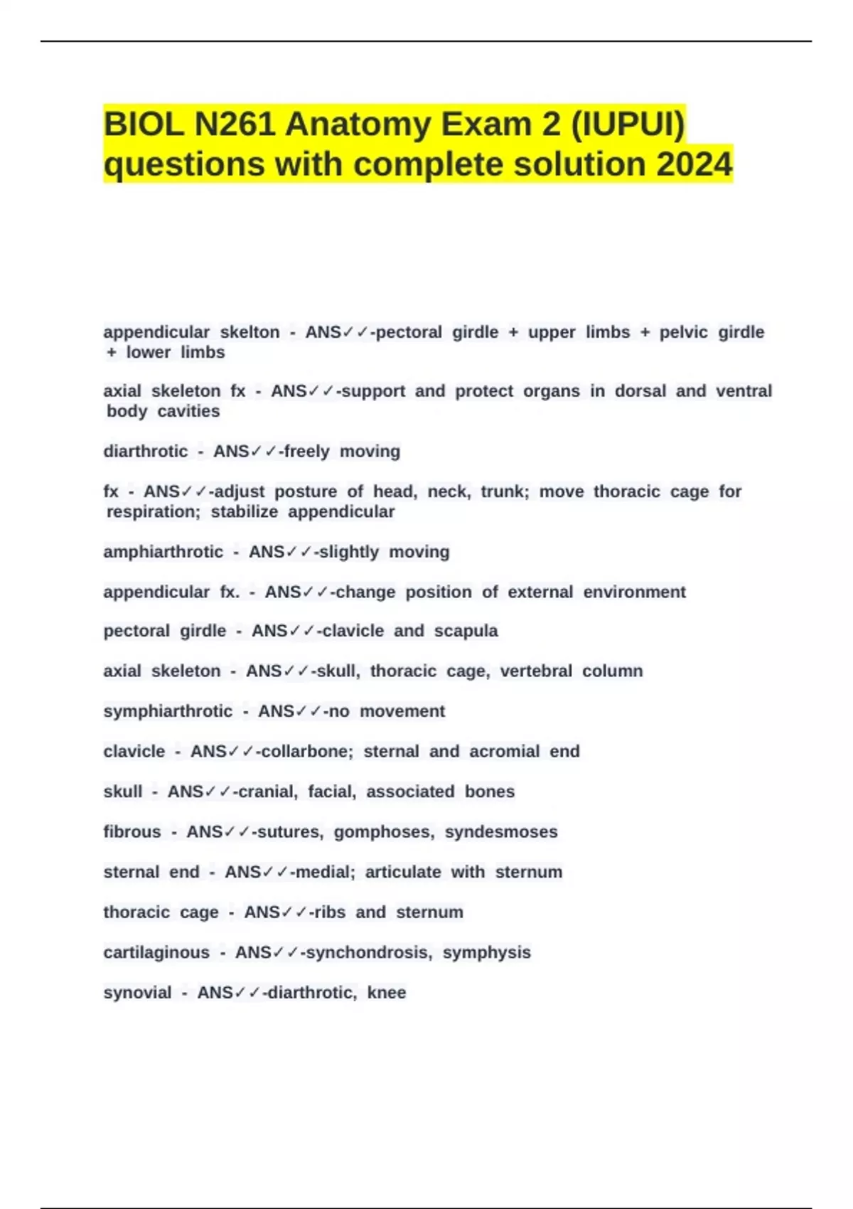 BIOL N261 Anatomy Exam 2 (IUPUI) questions with complete solution 2024 ...